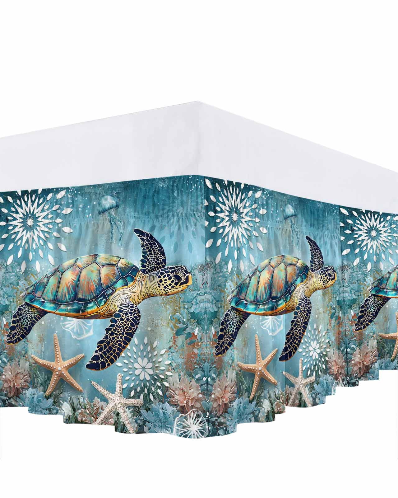 Coastal Sea Turtle Bed Skirt Cal King Size, Vintage Teal Nautical Beach ...