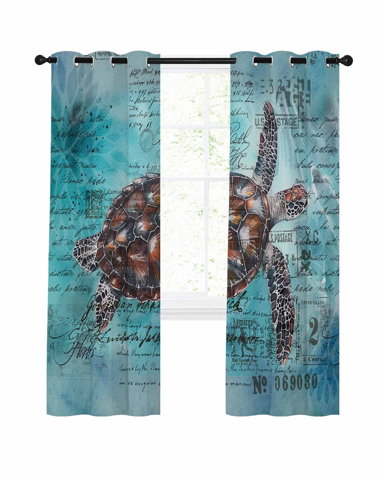 Coastal Sea Turtle Blackout Curtains 84 Inches Long for Bedroom, Blue ...