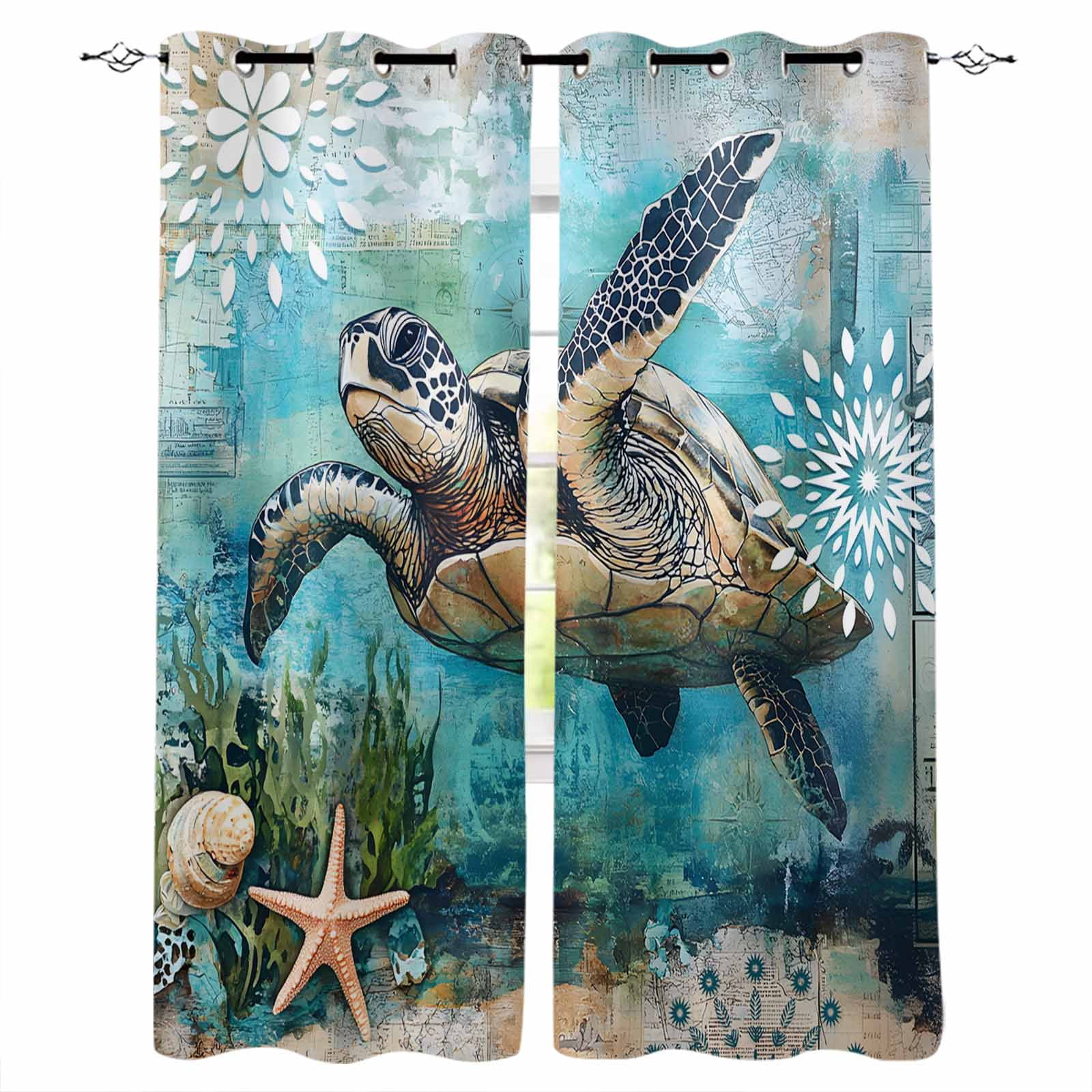 Coastal Sea Turtle Blackout Curtains 90 Inches Long for Bedroom ...