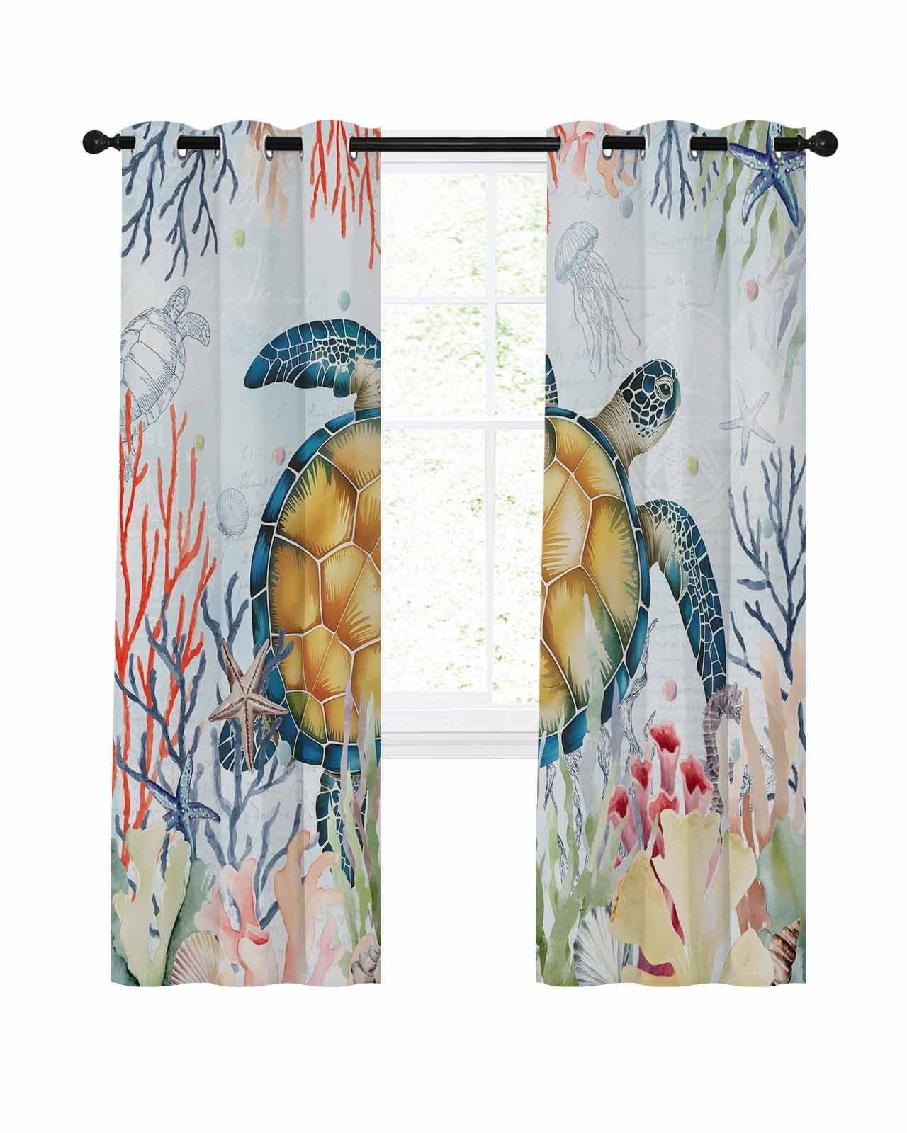 Coastal Sea Turtle Blackout Curtains, Light Blocking Print Window ...