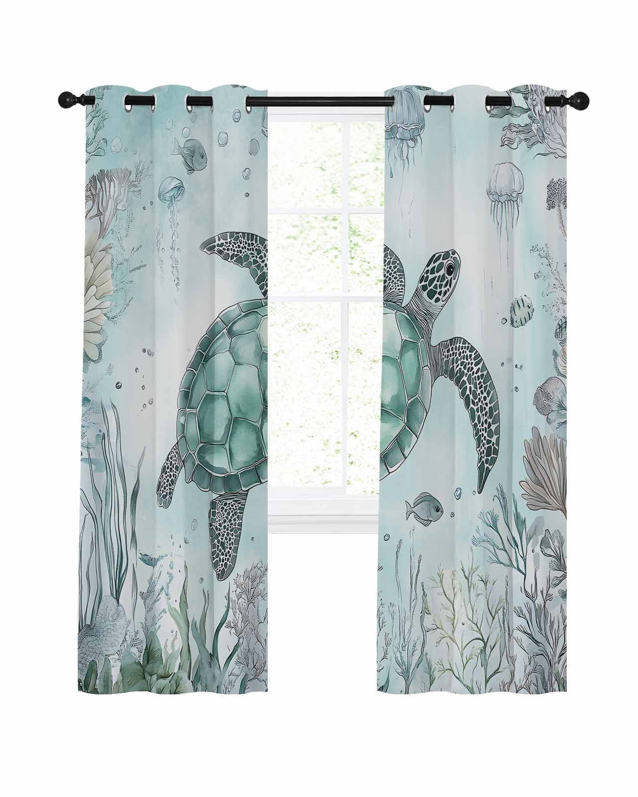 Coastal Sea Turtle Blackout Curtains, Light Blocking Print Window ...