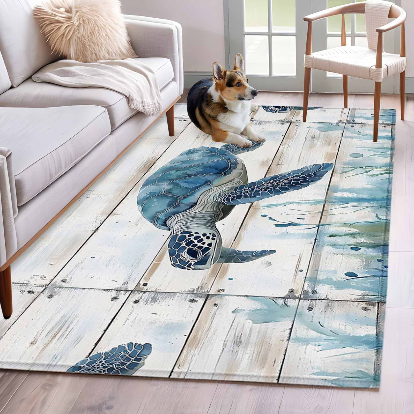 Coastal Sea Turtle Blue Area Rug 3x5 Washable Rug Non Slip Summer Ocean ...