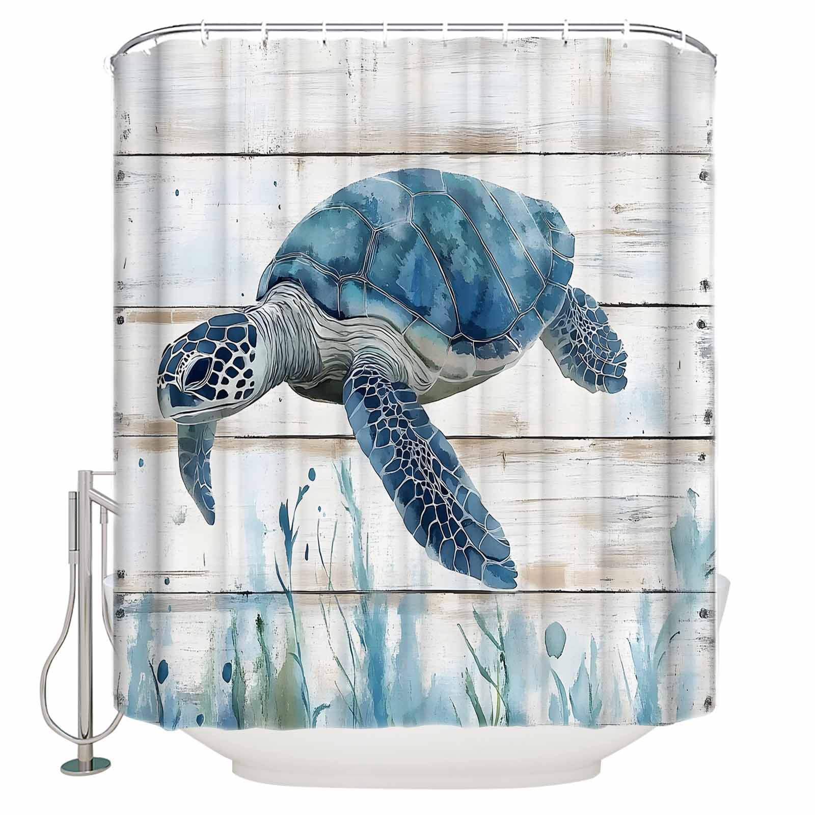 Coastal Sea Turtle Blue Bathroom Shower Curtains with 12 Hooks ...