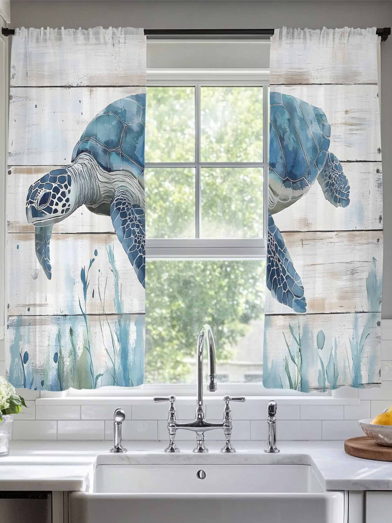 Coastal Sea Turtle Blue Sheer Curtains for Living Room Bedroom Summer ...