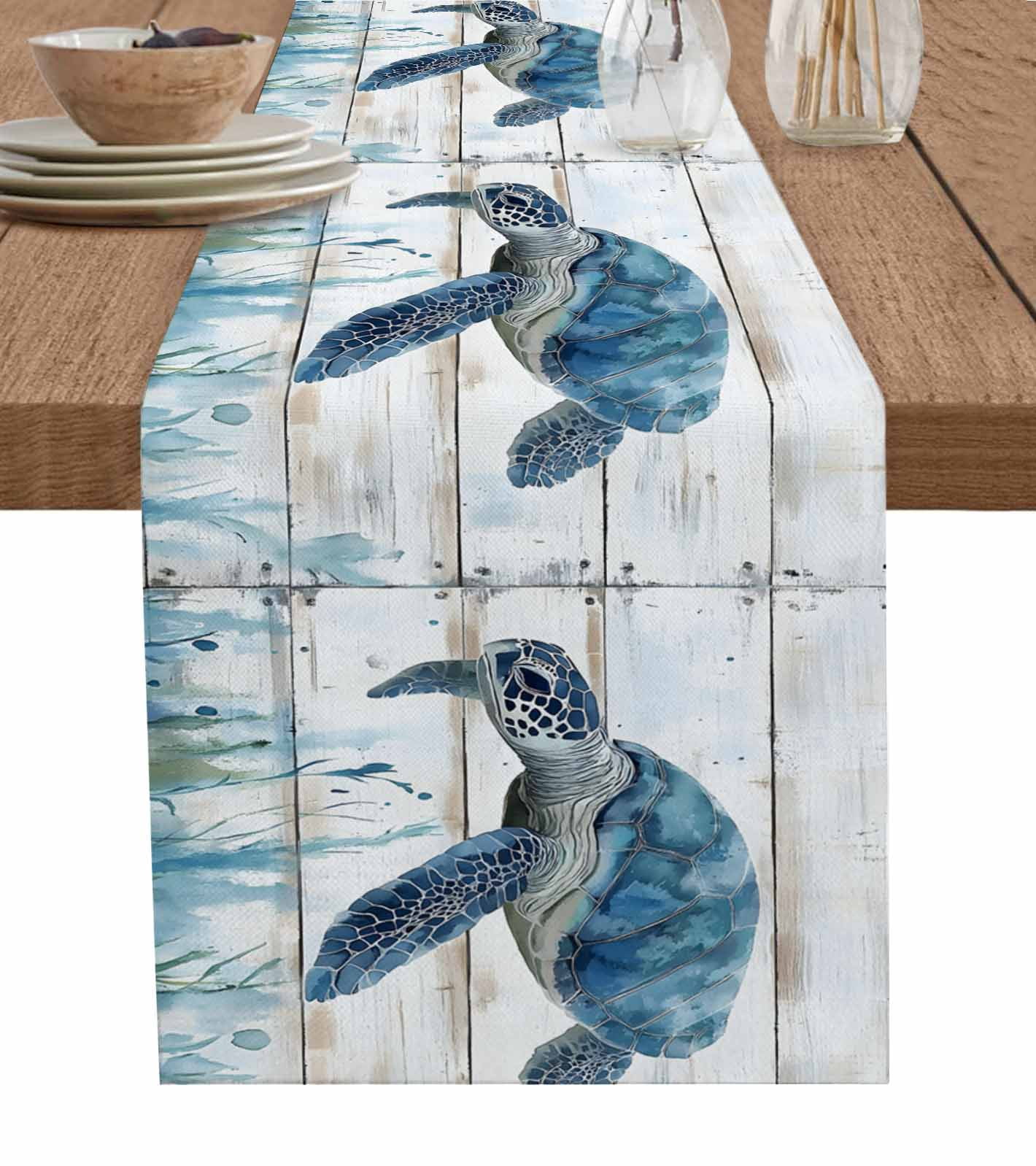 Coastal Sea Turtle Blue Table Runner 108 Inches, Summer Ocean Seaweed ...