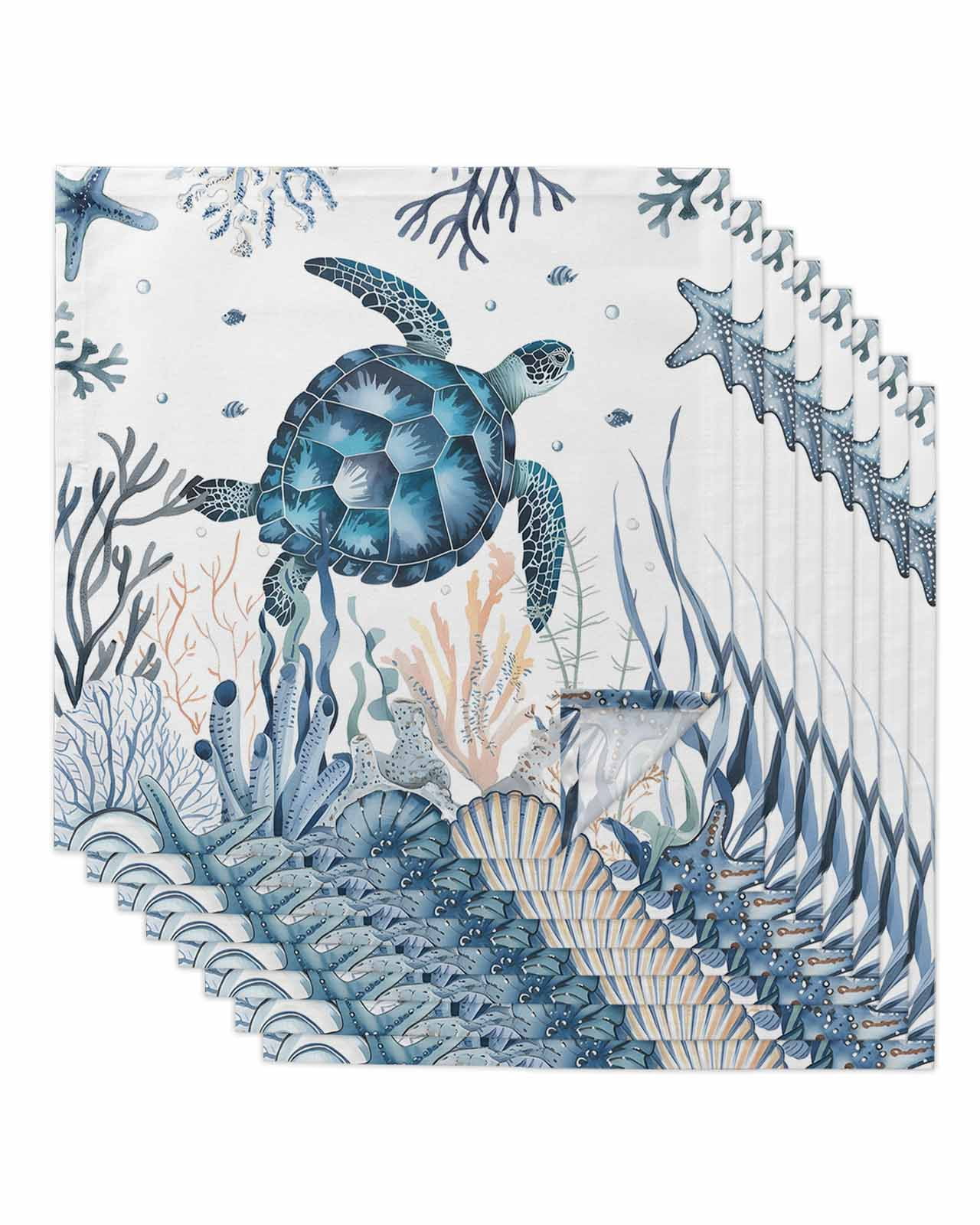 Coastal Sea Turtle Cloth Napkins Set of 8 Reusable Dinner Napkins ...