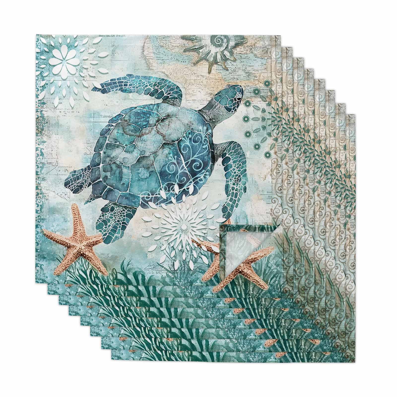 Coastal Sea Turtle Cloth Napkins, Teal Nautical Beach Starfish Vintage ...