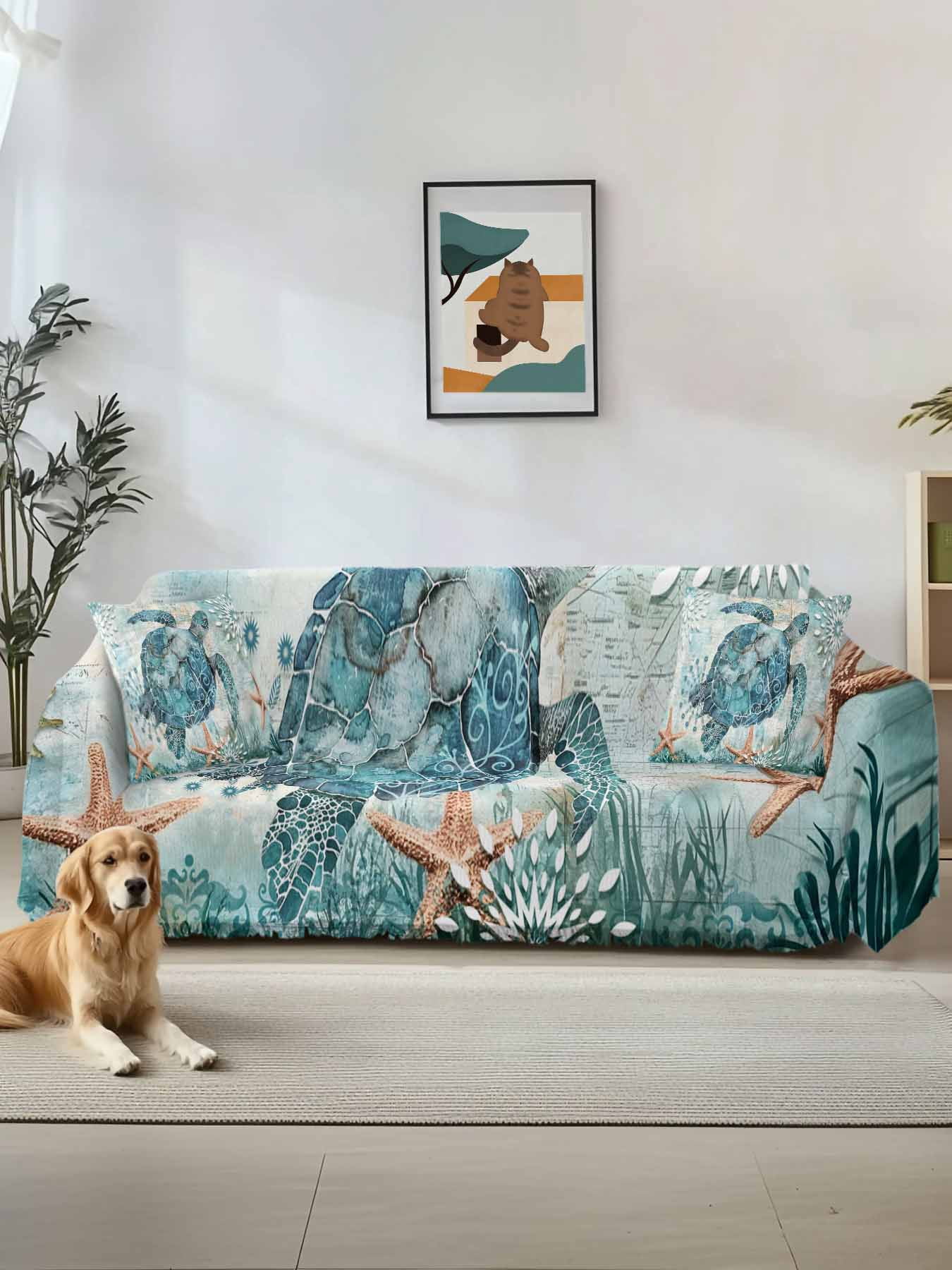 Coastal Sea Turtle Couch Cover for 2 Cushion Sofa, Teal Nautical Beach ...