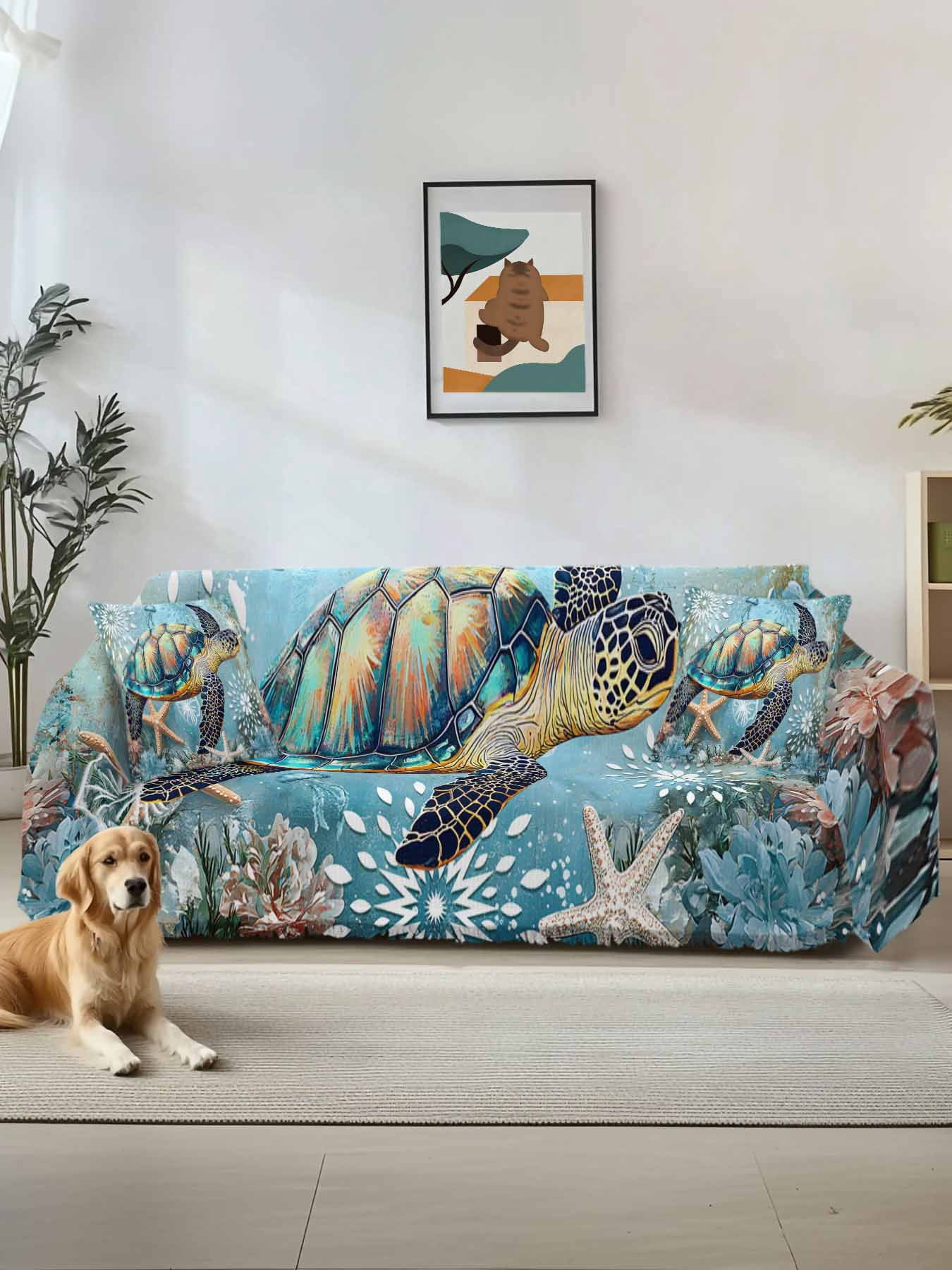 Coastal Sea Turtle Couch Cover, Vintage Teal Nautical Beach Botanical ...