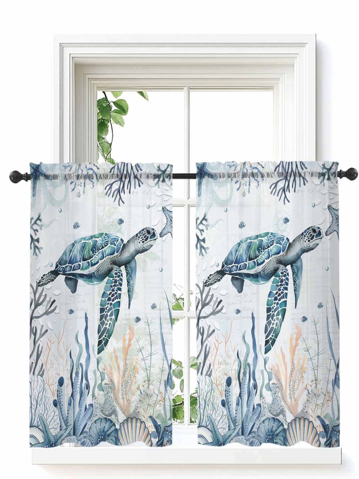 Coastal Sea Turtle Curtains 45 Inch Length, Sheer Curtains for Bedroom ...