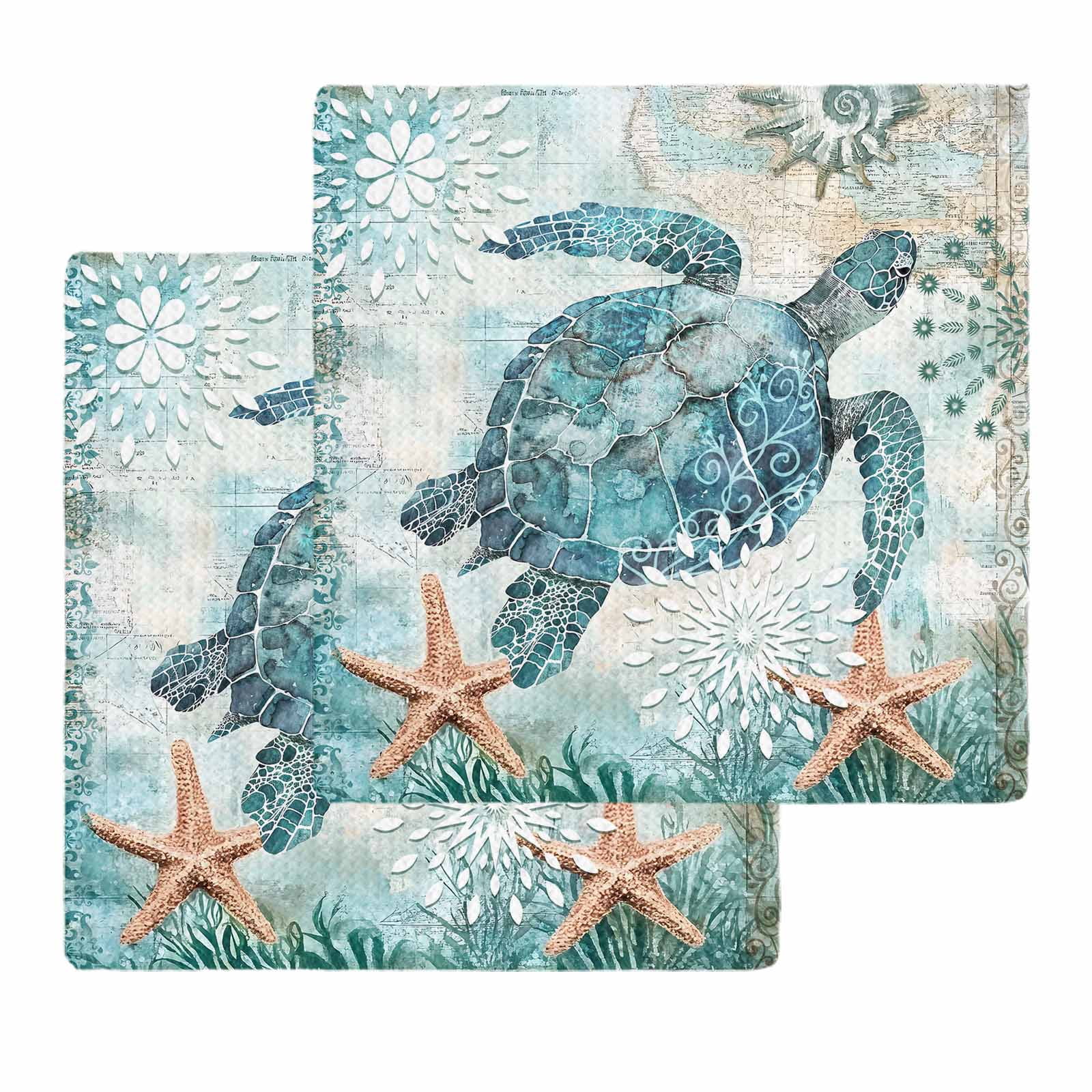 Coastal Sea Turtle Dish Towels Set, Waffle Weave Kitchen Towels 2 ...