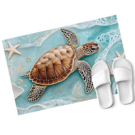 Coastal Sea Turtle Door Mat Beach Ocean White Floral Starfish Non Slip ...