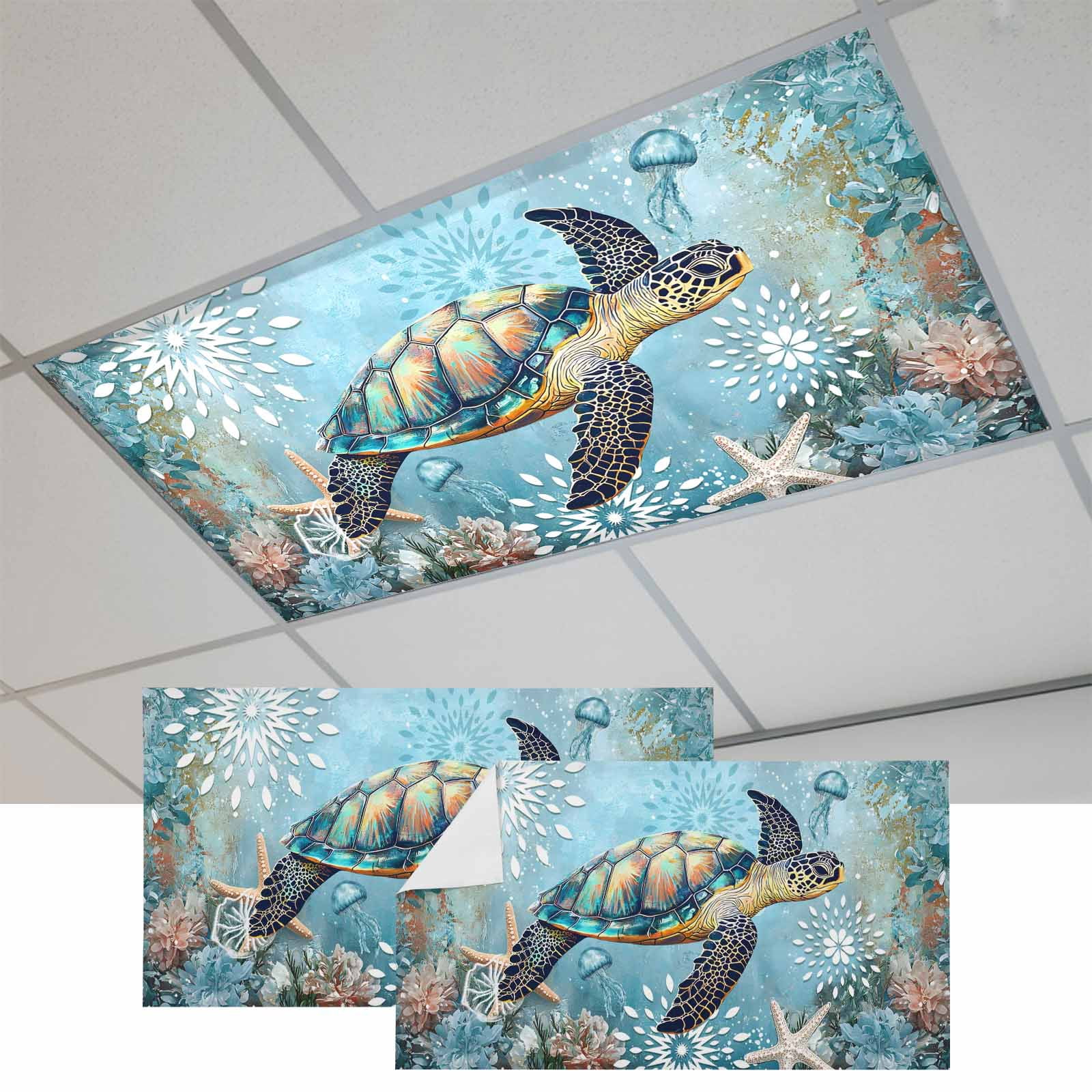 Coastal Sea Turtle Fluorescent Light Covers, Vintage Teal Nautical ...