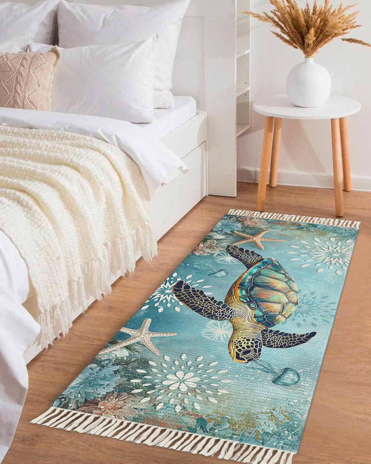 Coastal Sea Turtle Hallway Runner Rug 2x6ft,Vintage Teal Nautical Beach ...