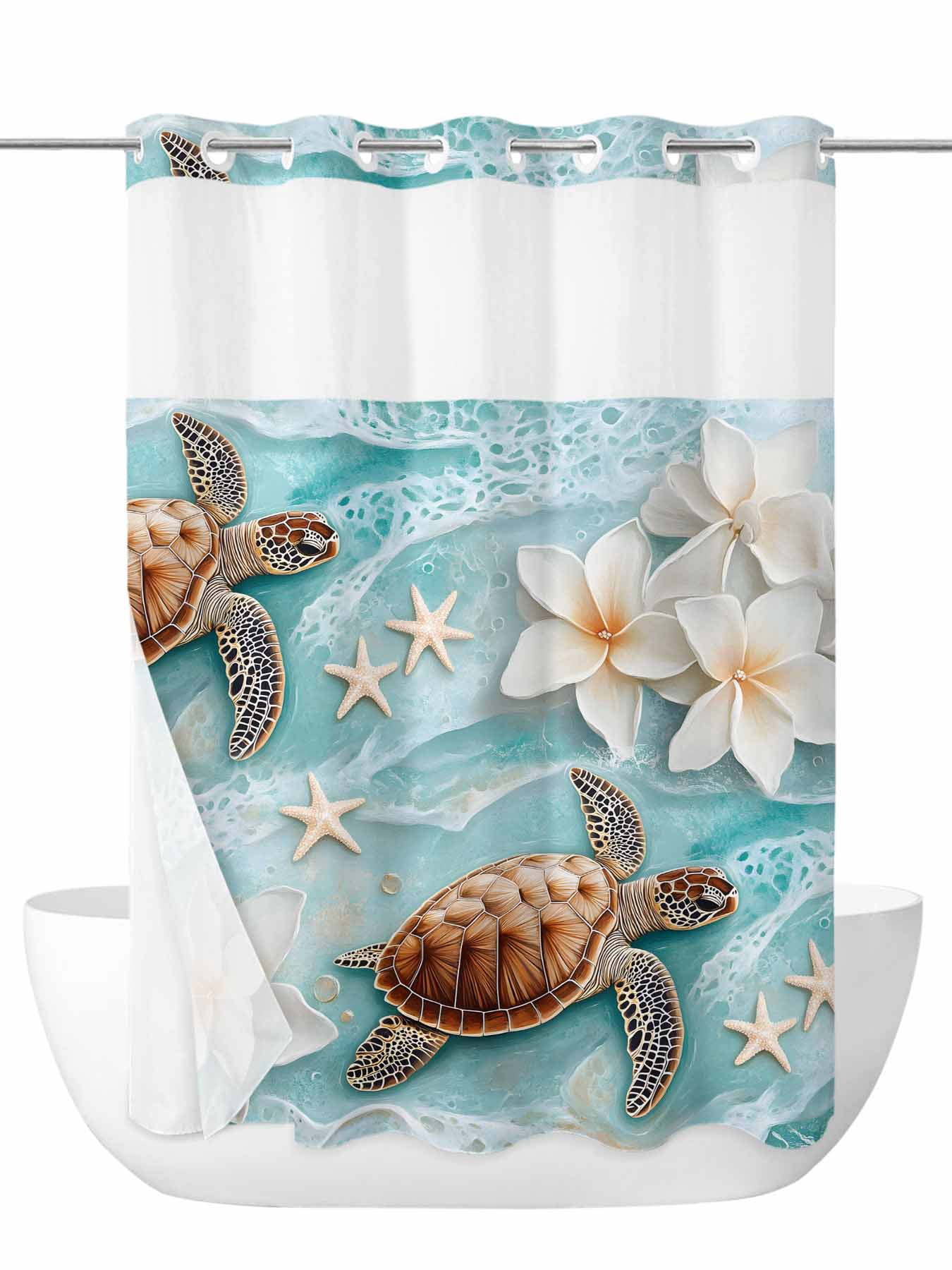 Coastal Sea Turtle No Hook Shower Curtain and Liner Set Beach Ocean ...