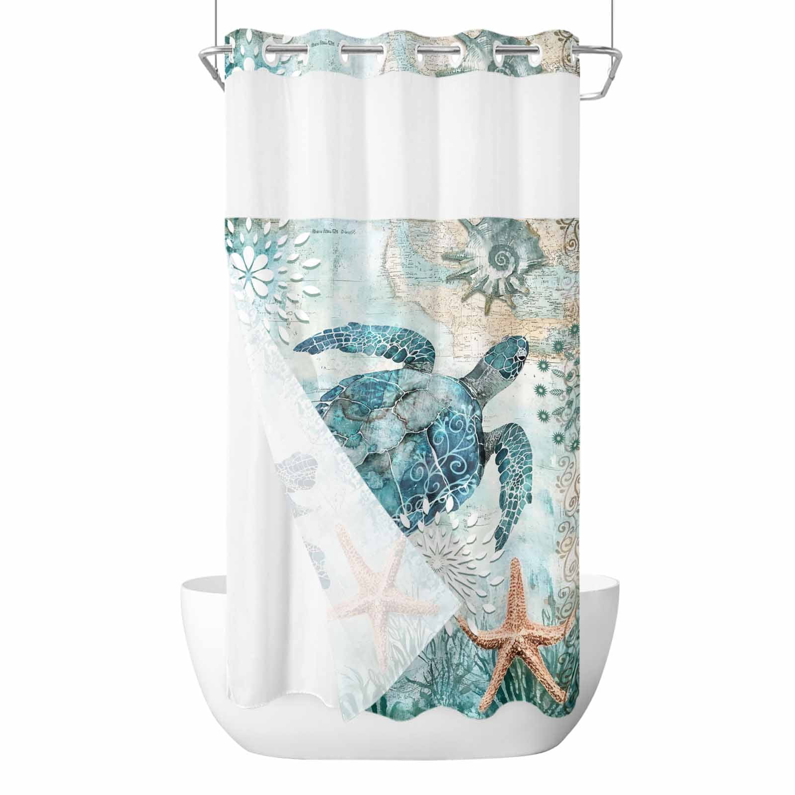 Coastal Sea Turtle No Hook Shower Curtain with Snap in Liner, Teal ...