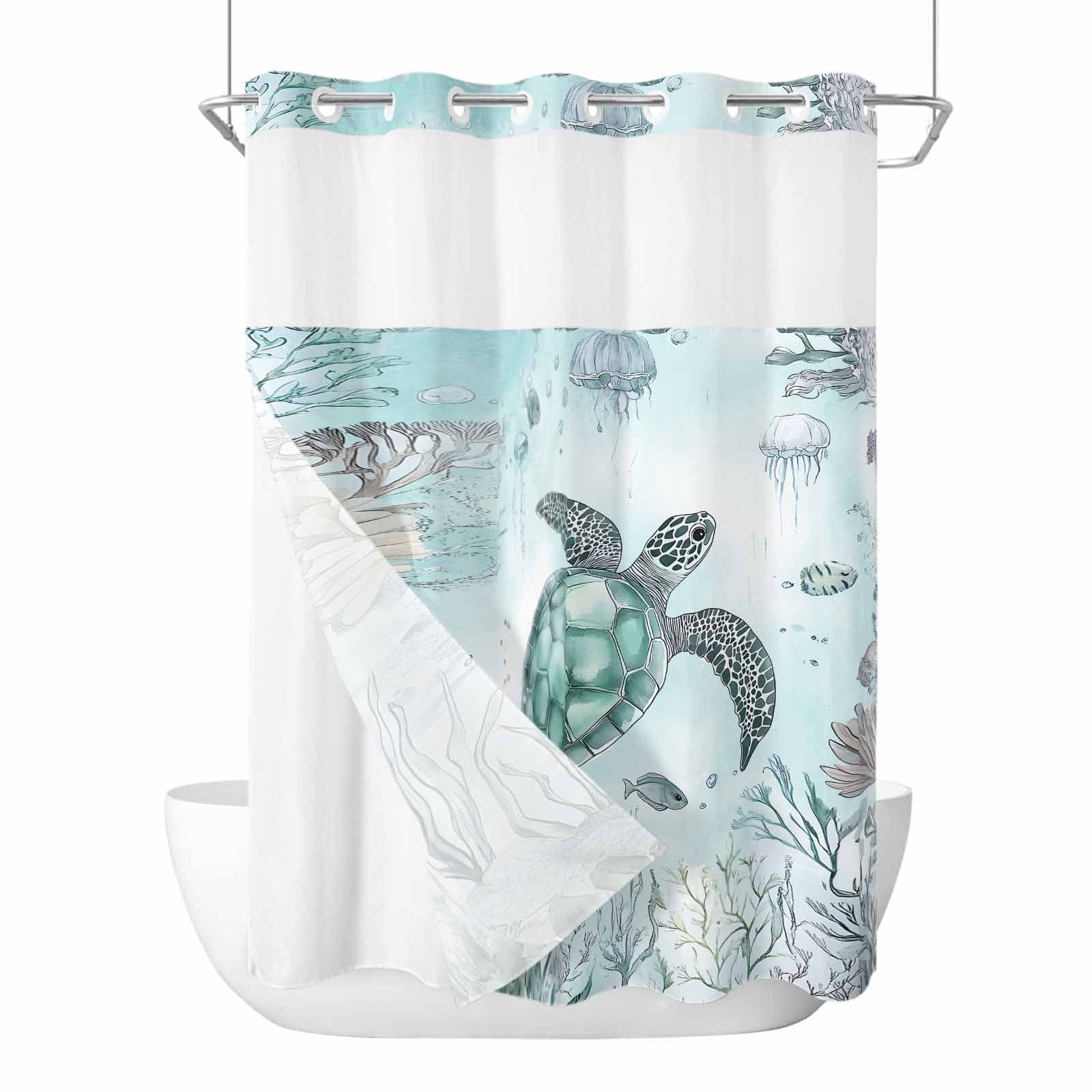 Coastal Sea Turtle No Hook Shower Curtain Waterproof, Bathroom Curtains ...