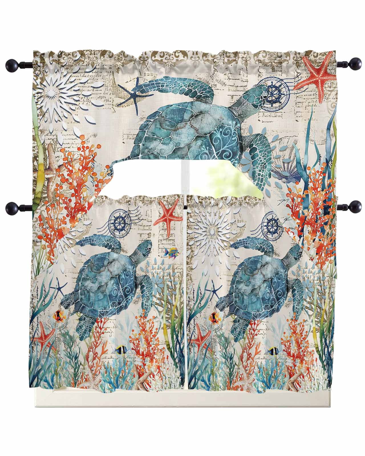 Coastal Sea Turtle Kitchen Curtains Sets 36 Inch Length with Valance ...