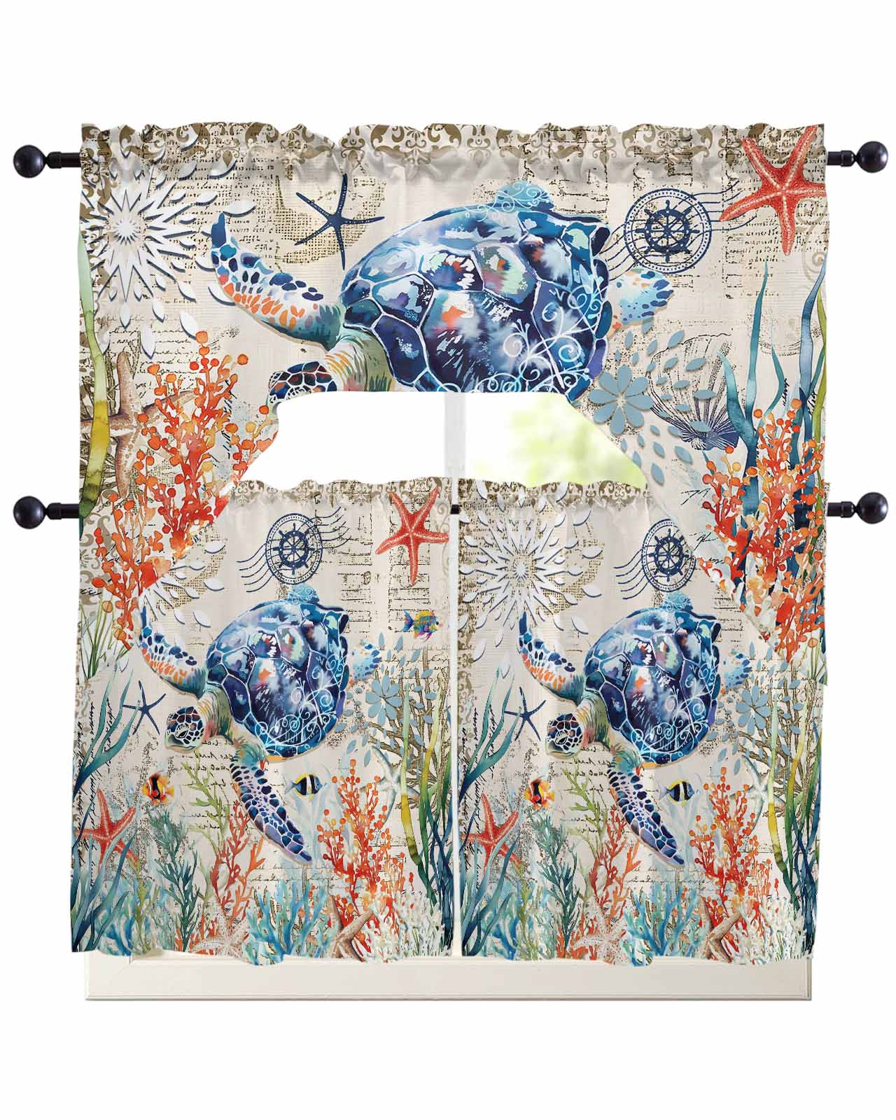 Coastal Sea Turtle Kitchen Curtains Swag Valance and Tier Curtains Set ...