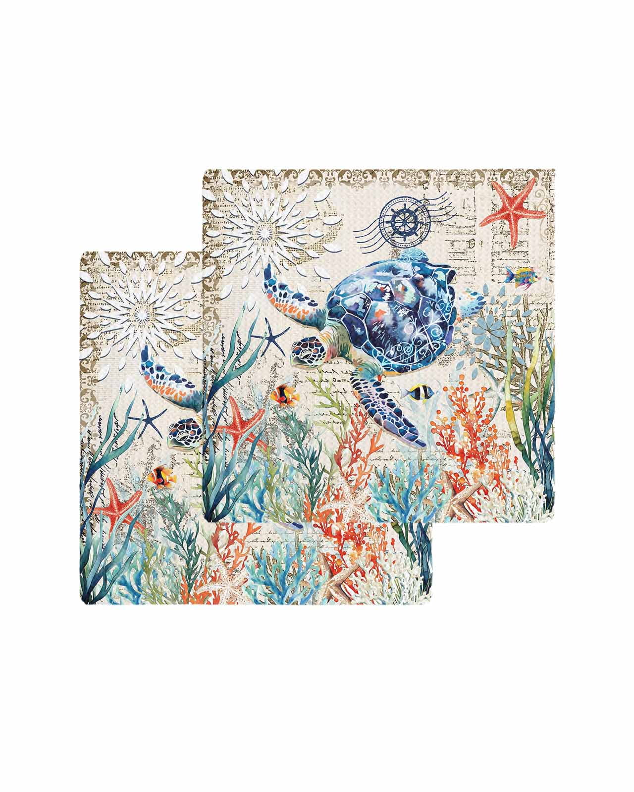 Coastal Sea Turtle Kitchen Dish Towels for Drying Dishes Set of 2 ...