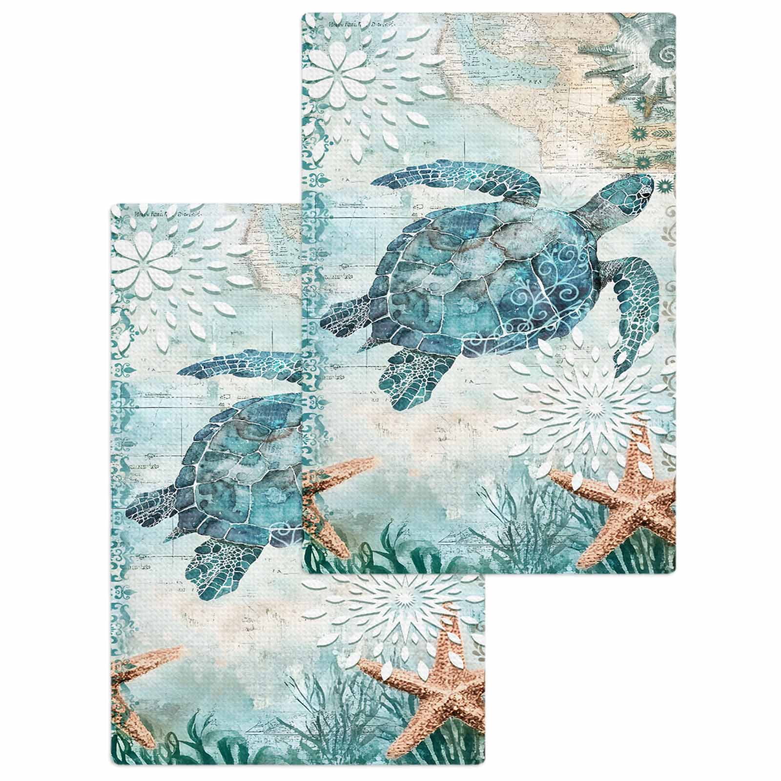 Coastal Sea Turtle Kitchen Dish Towels for Drying Dishes Set of 2, Teal ...