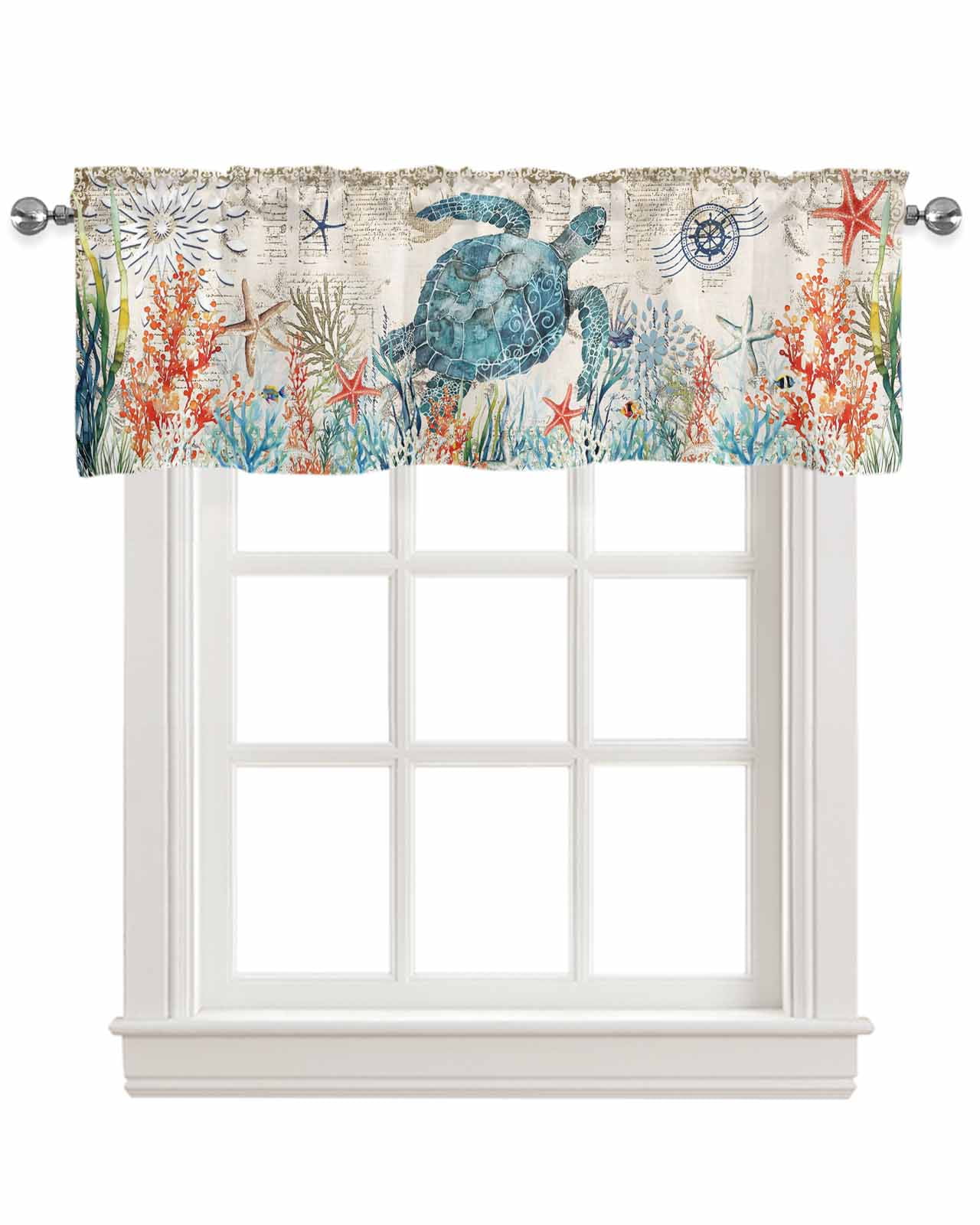 Coastal Sea Turtle Kitchen Valances for Windows Farmhouse Linen Window ...