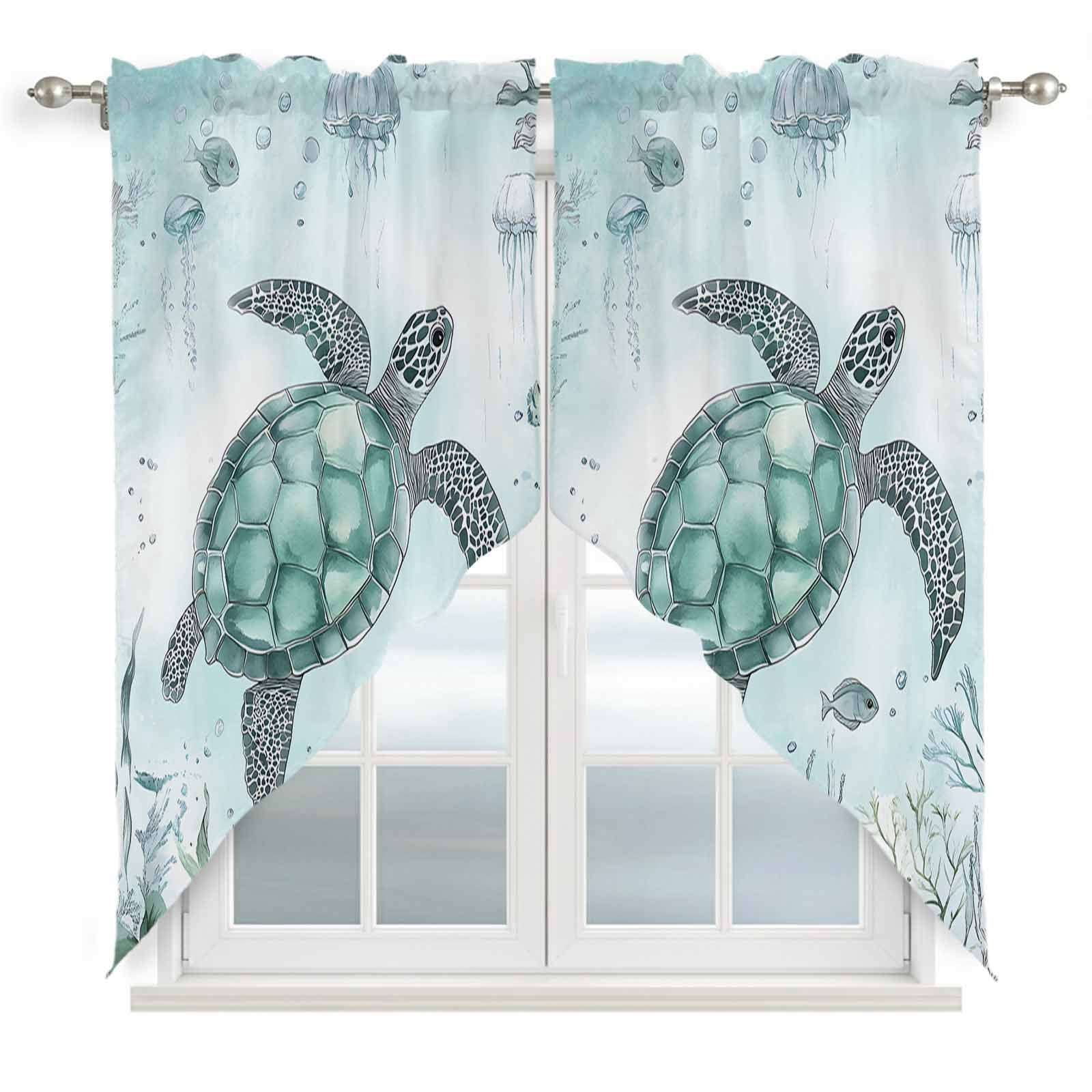 Coastal Sea Turtle Kitchen Window Curtains, Swag Curtains Valance for ...