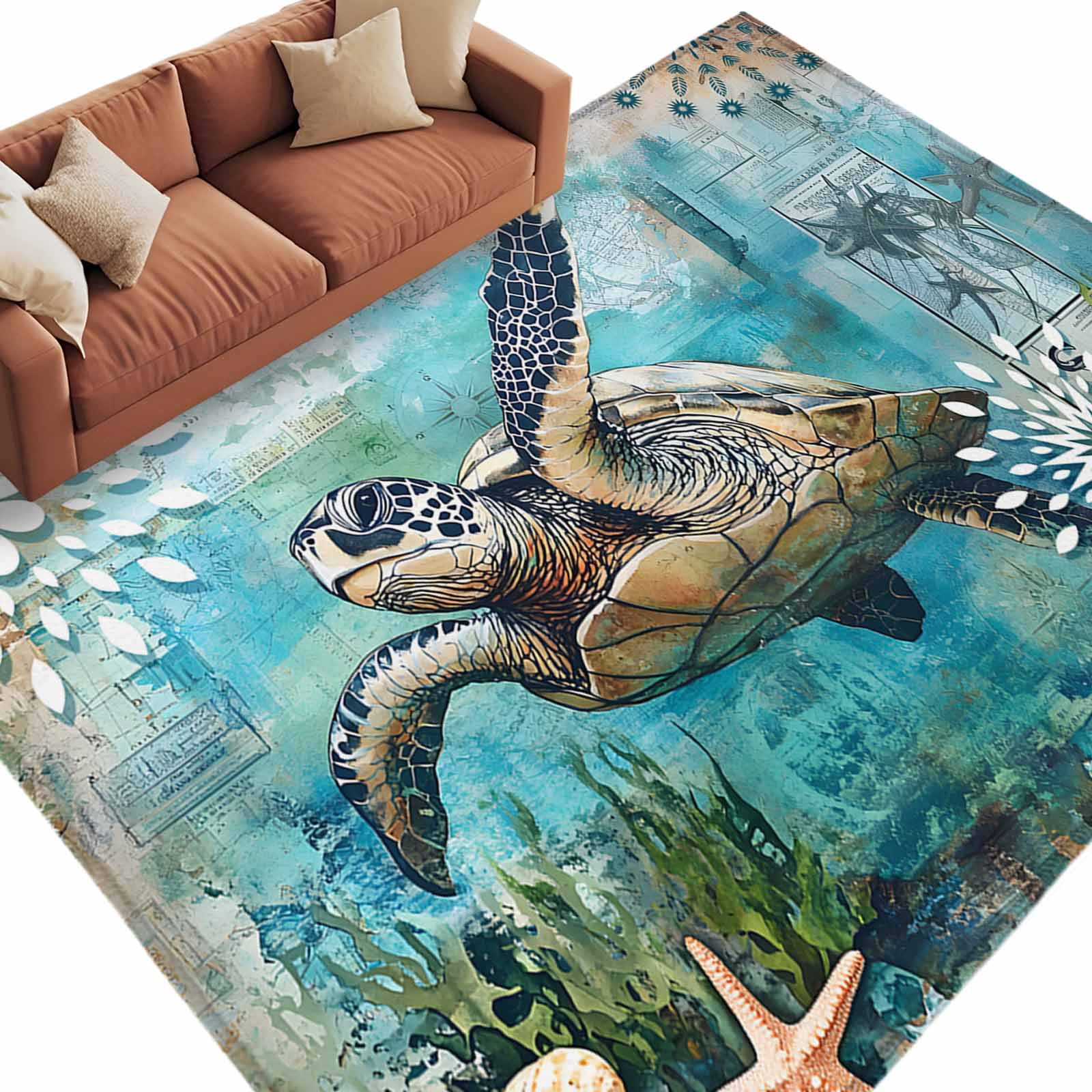 Coastal Sea Turtle Large Area Rugs for Bedroom Living Room, Soft Non ...
