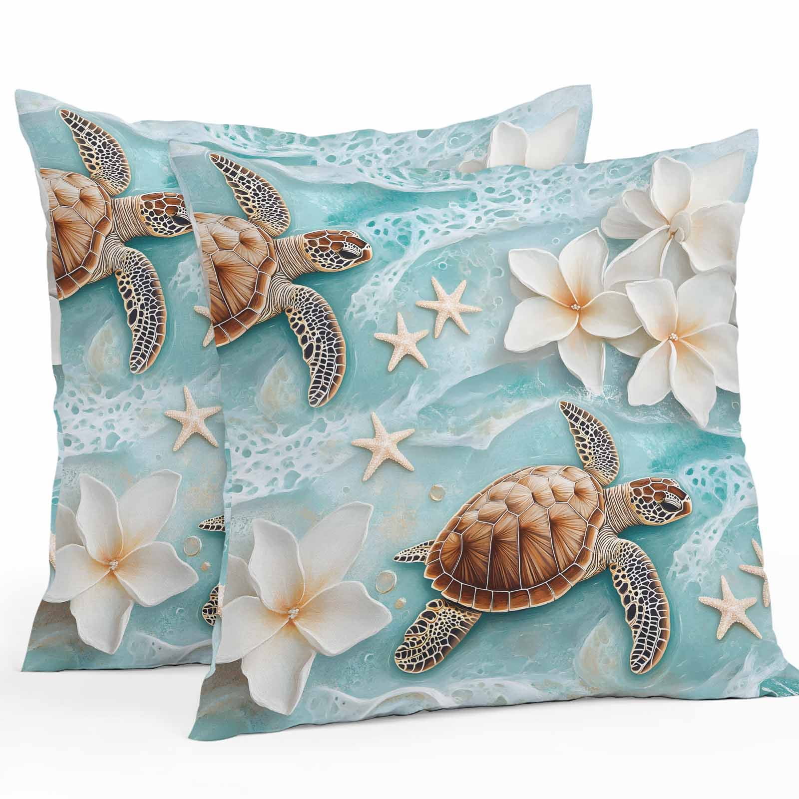 Coastal Sea Turtle Outdoor Pillow Covers Pack of 2 Beach Ocean White ...