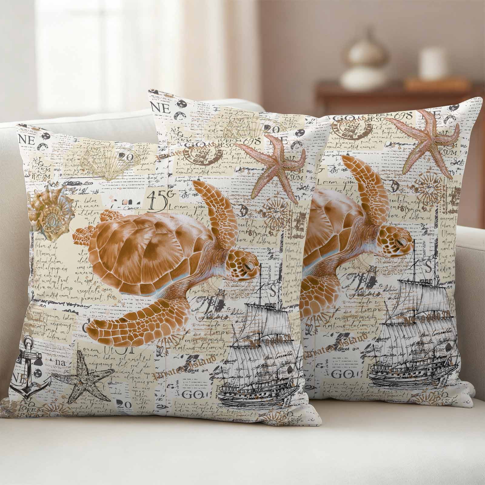 Coastal Sea Turtle Outdoor Waterproof Throw Pillow Covers 24x24 Set of ...