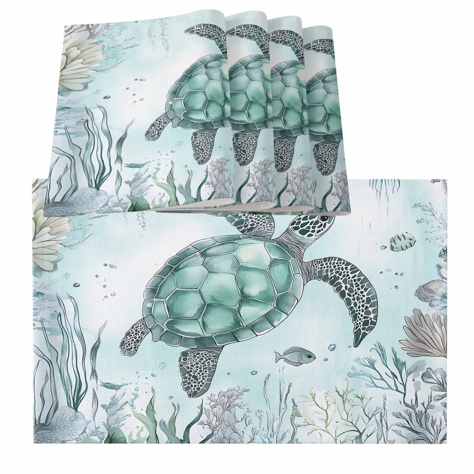Coastal Sea Turtle Placemats for Dinning Table Set of 4, Nautical ...
