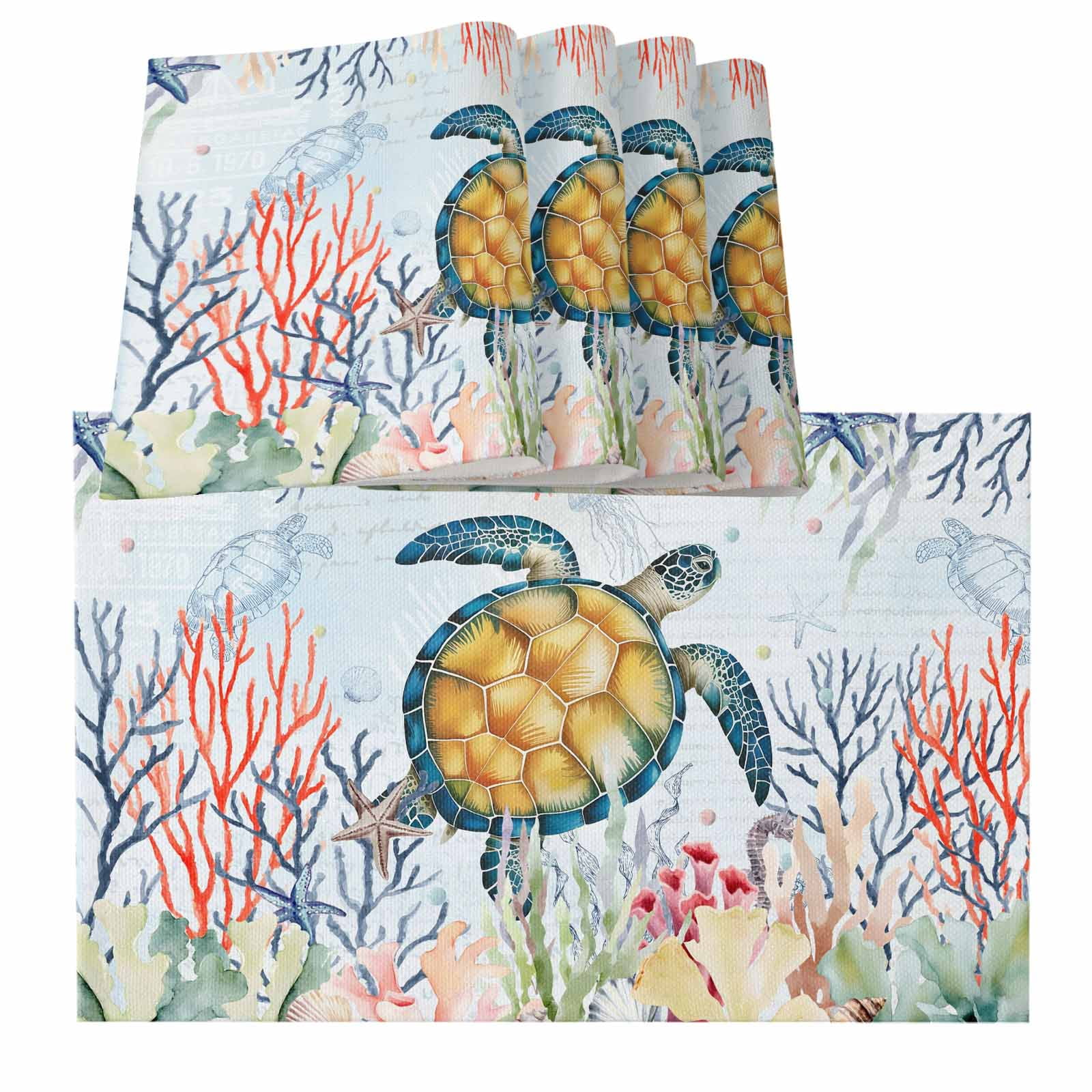 Coastal Sea Turtle Placemats for Dinning Table Set of 6,Marine Coral ...