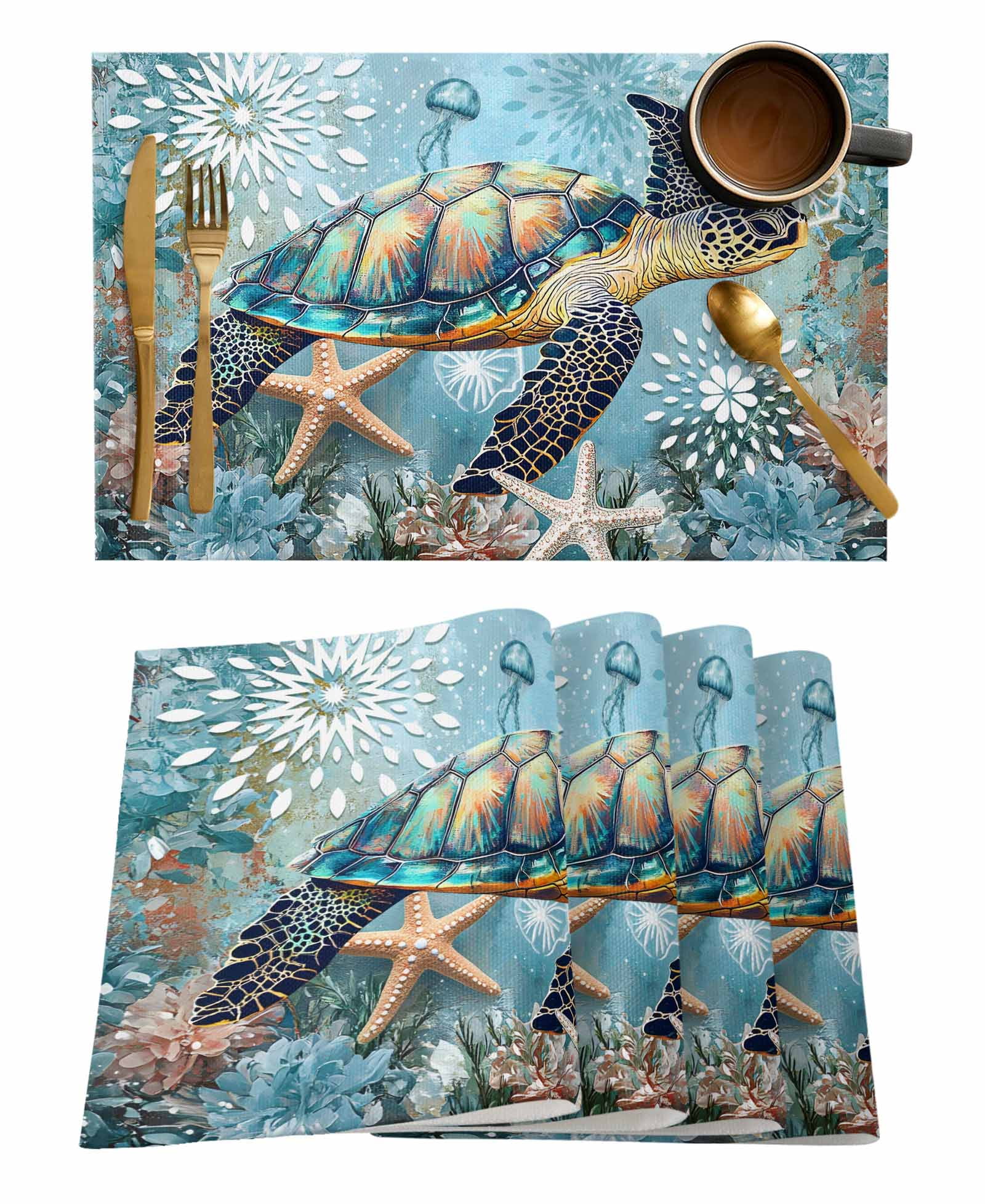Coastal Sea Turtle Placemats Set of 6, Vintage Teal Nautical Beach ...