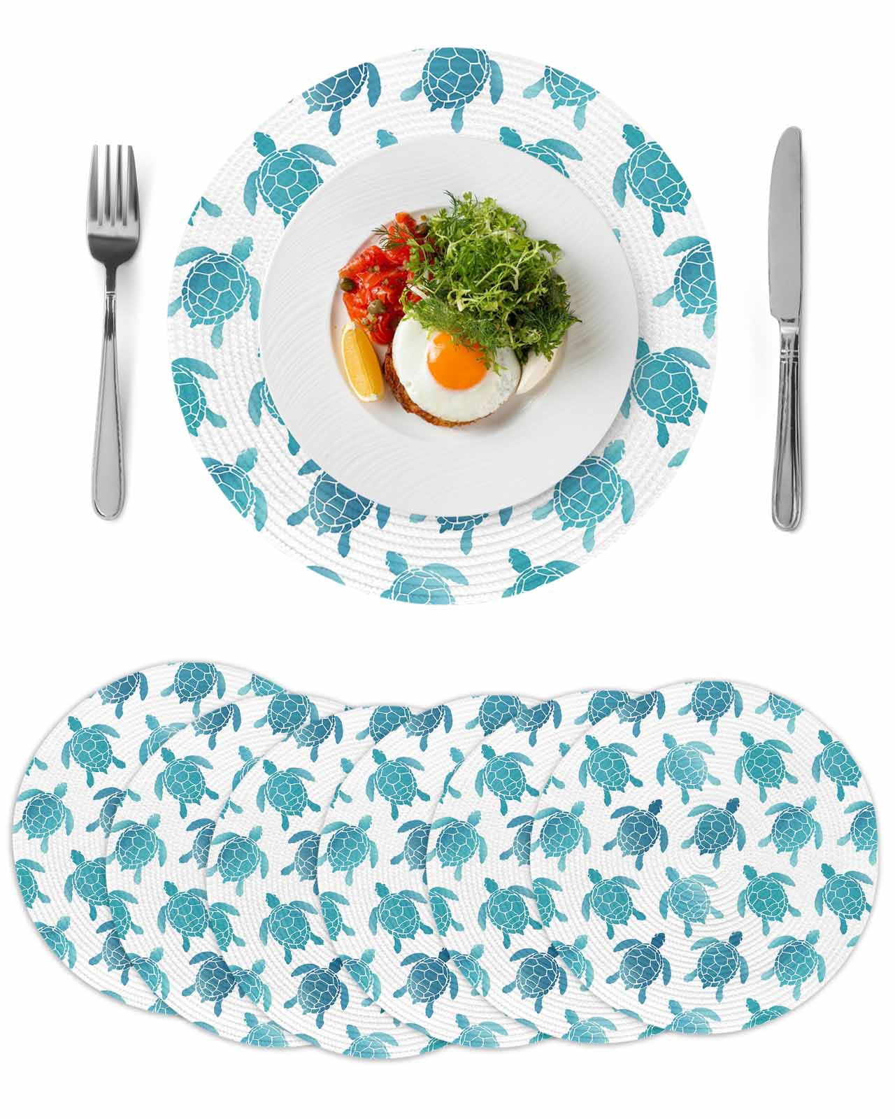 Coastal Sea Turtle Round 13 Inch Placemats Set of 6, Nautical Turquoise ...
