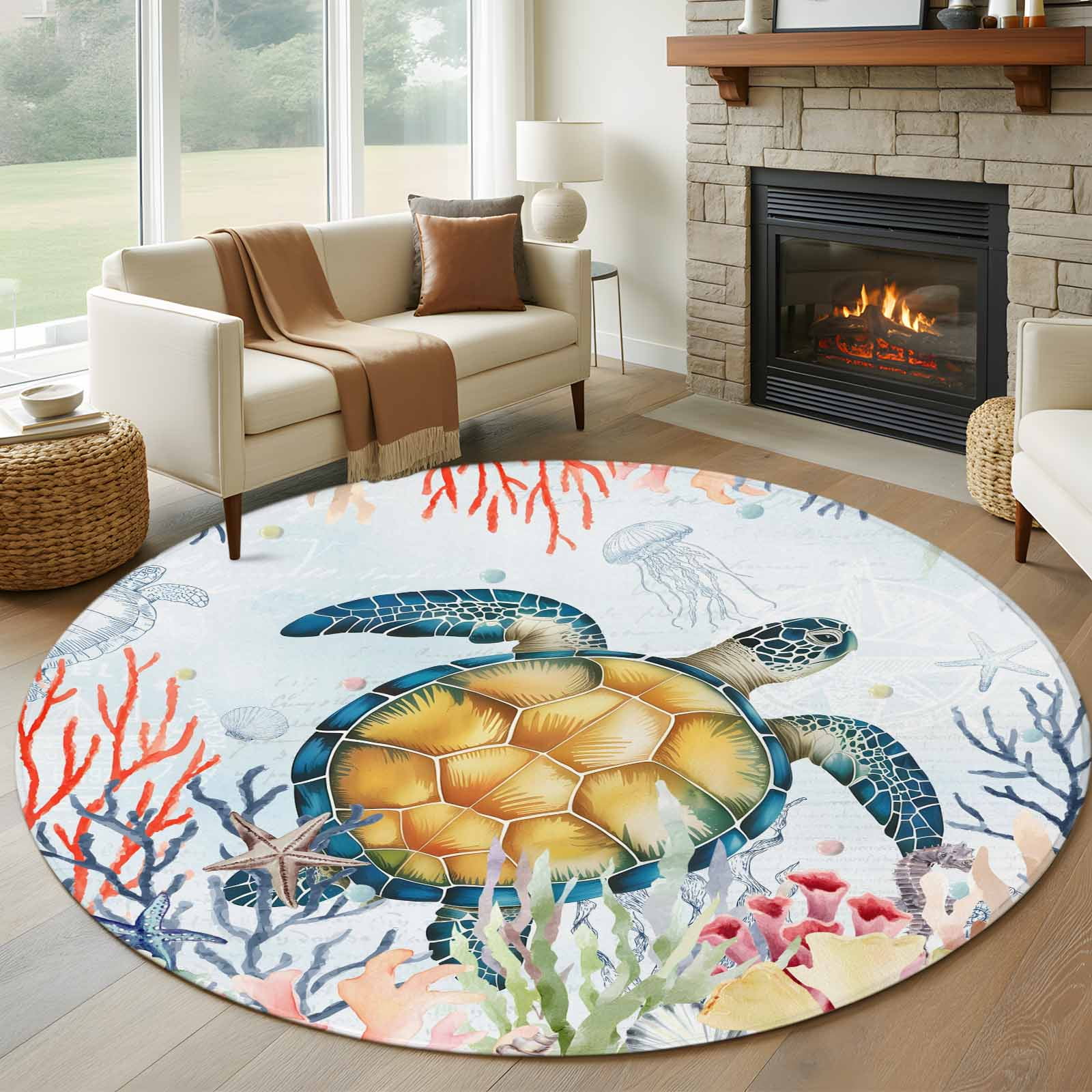 Coastal Sea Turtle Round Area Rug 5 FT, Non Slip Bedroom Area Rug ...
