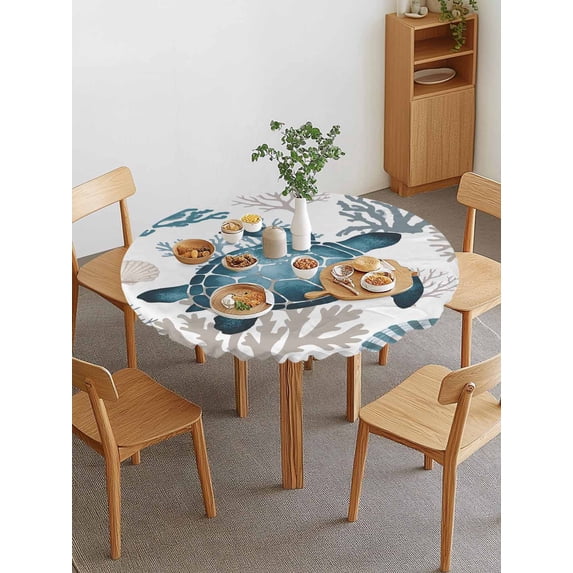 Coastal Sea Turtle Round Fitted Tablecloth with Elastic Edge, Blue Gray ...