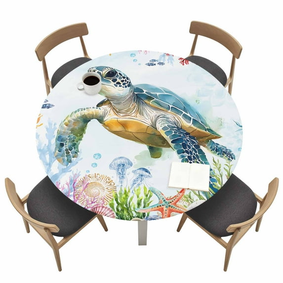 Coastal Sea Turtle Round Fitted Tablecloth with Elastic Edge Coral ...