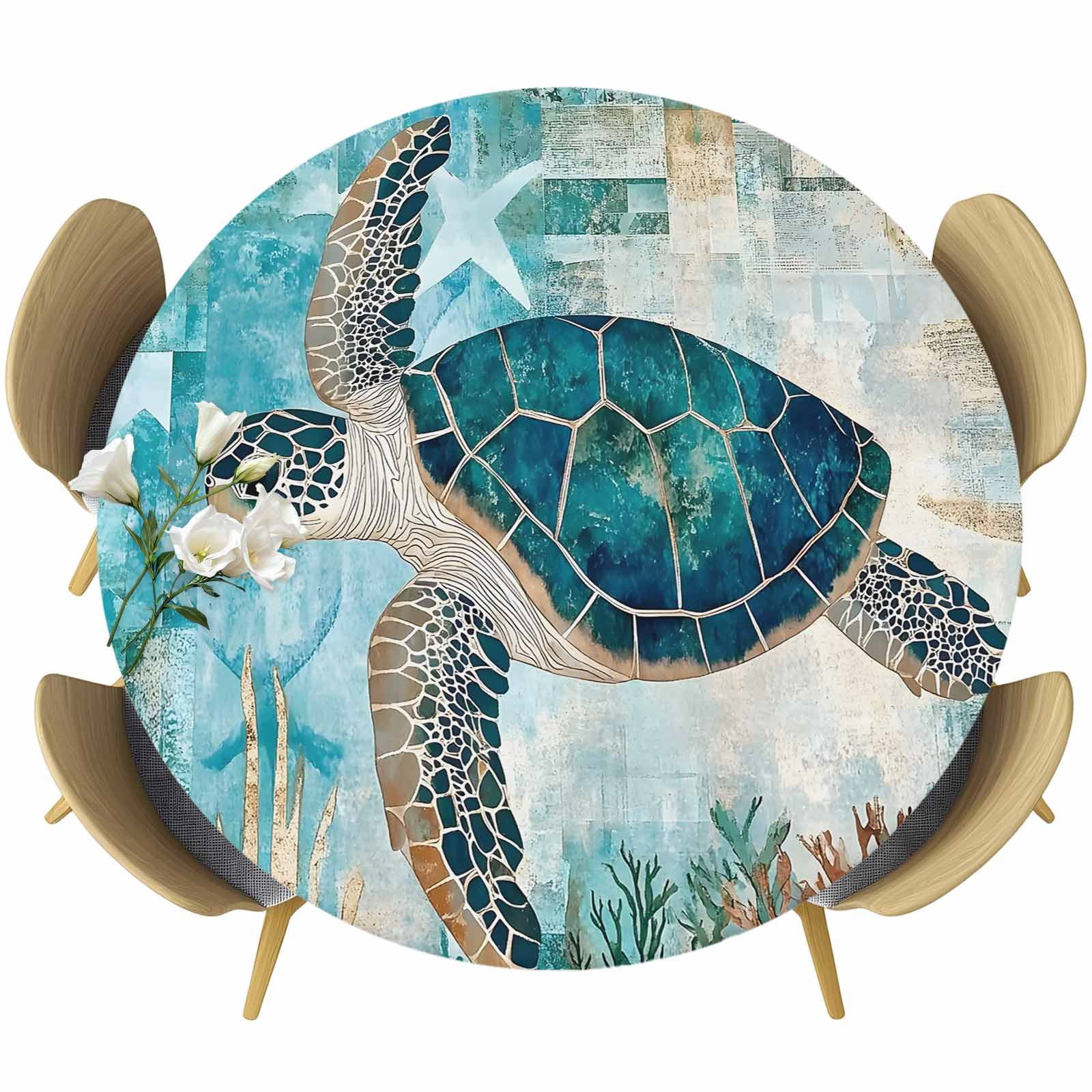 Coastal Sea Turtle Round Tablecloth 45-54 Inch Round Fitted Table Cloth ...