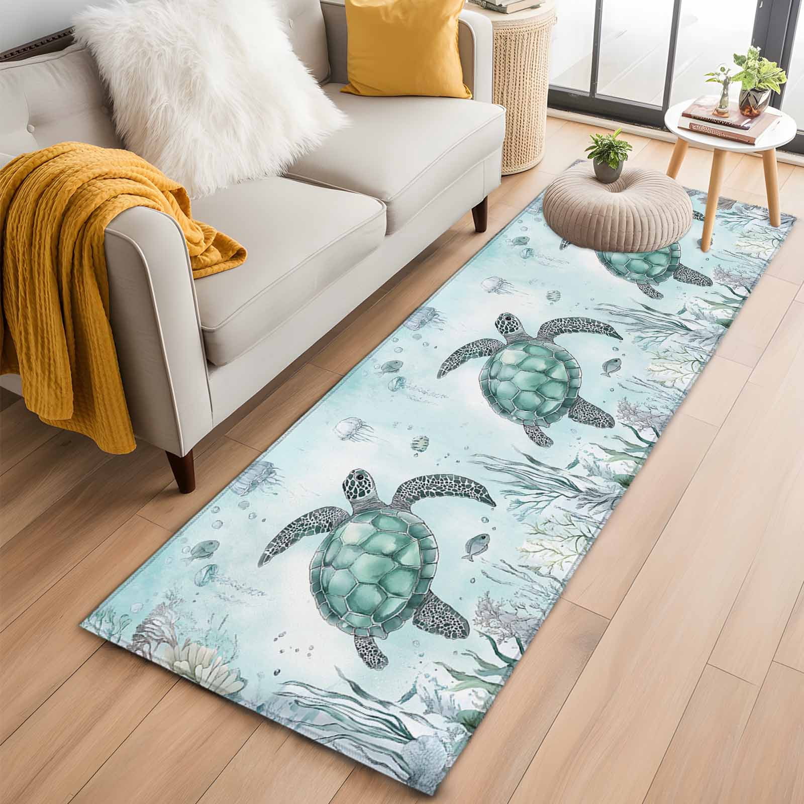 Coastal Sea Turtle Runner Rug 2x6 FT,Non Slip Hallway Rugs,Nautical ...
