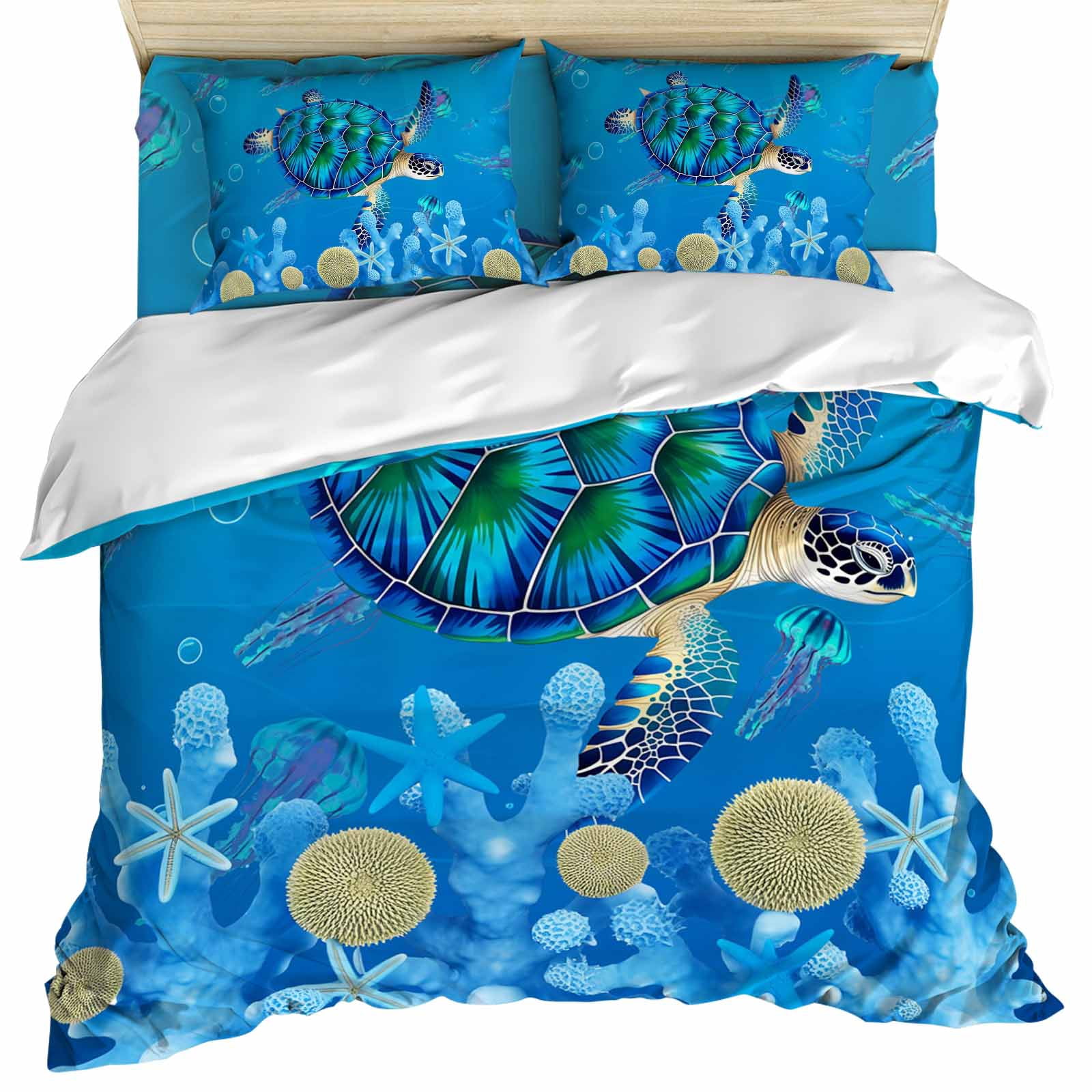 Coastal Sea Turtle Set of 4 Bedding Quilt Covers, Blue Nautical Ocean ...
