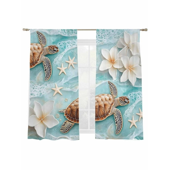 Coastal Sea Turtle Sheer Curtains 2 Panels Set Beach Ocean White Floral ...