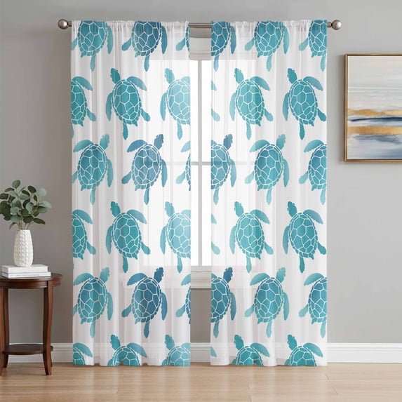 Coastal Sea Turtle Sheer Curtains 63 Inch Length 2 Panels Set Window ...