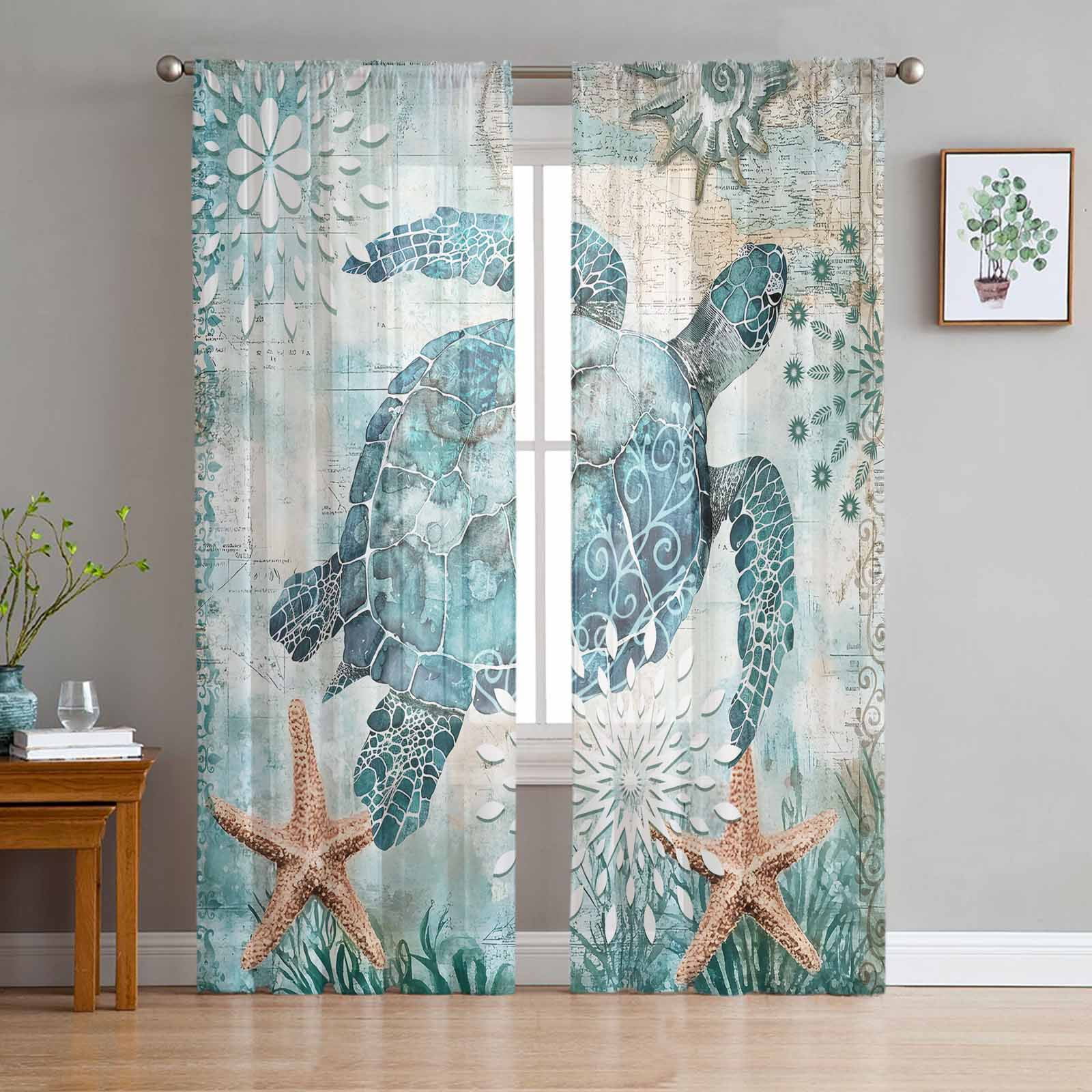 Coastal Sea Turtle Sheer Curtains 96 Inches Long 2 Panels Set, Window ...
