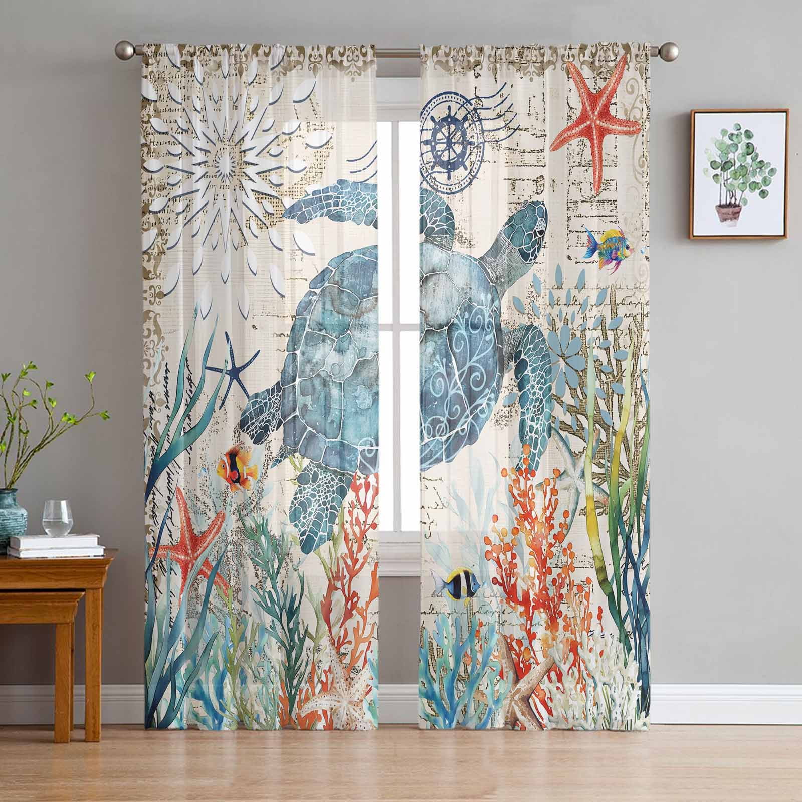 Coastal Sea Turtle Sheer Curtains 96 Inches Long 2 Panels Set, Window ...