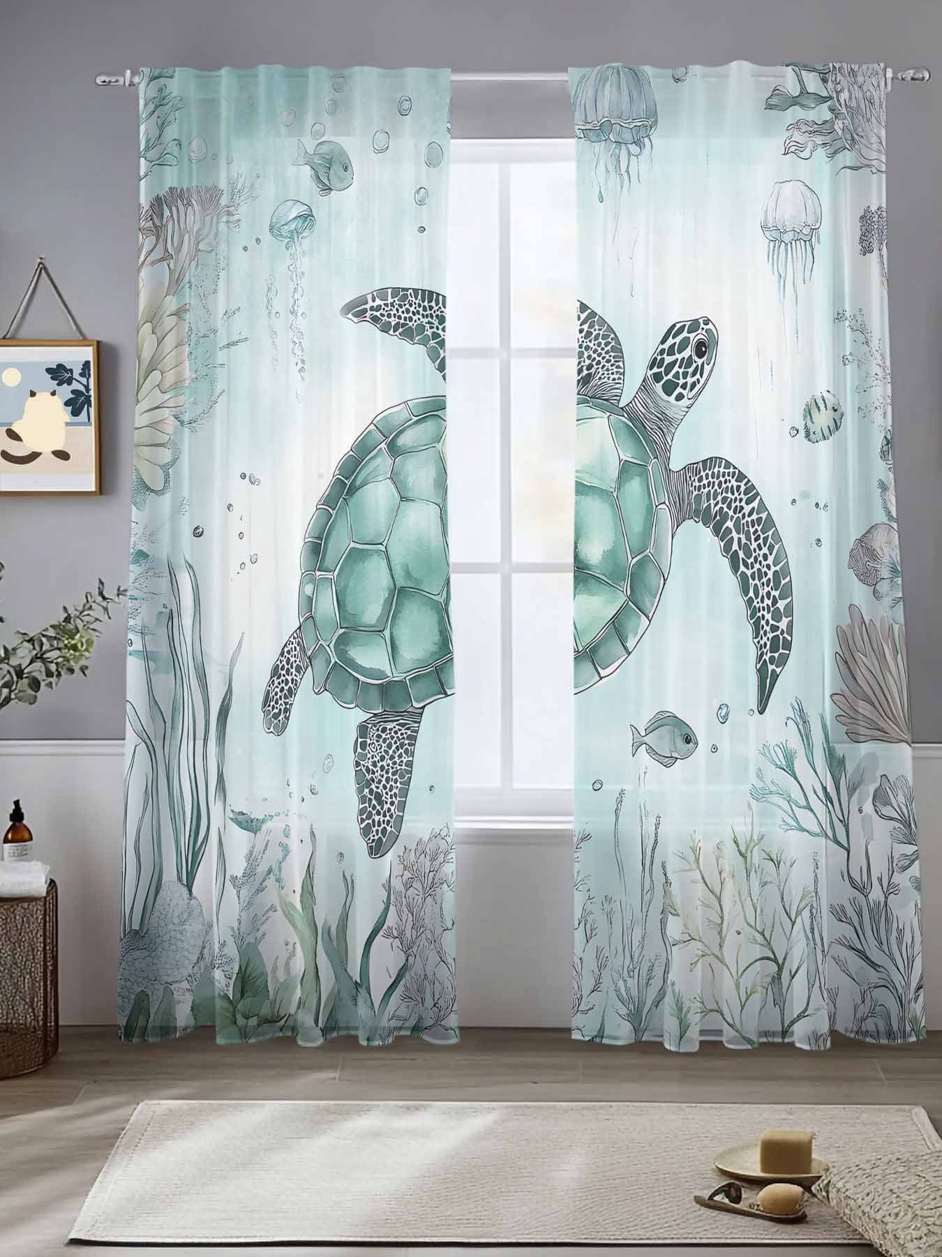 Coastal Sea Turtle Sheer Curtains for Living Room Bedroom Nautical ...