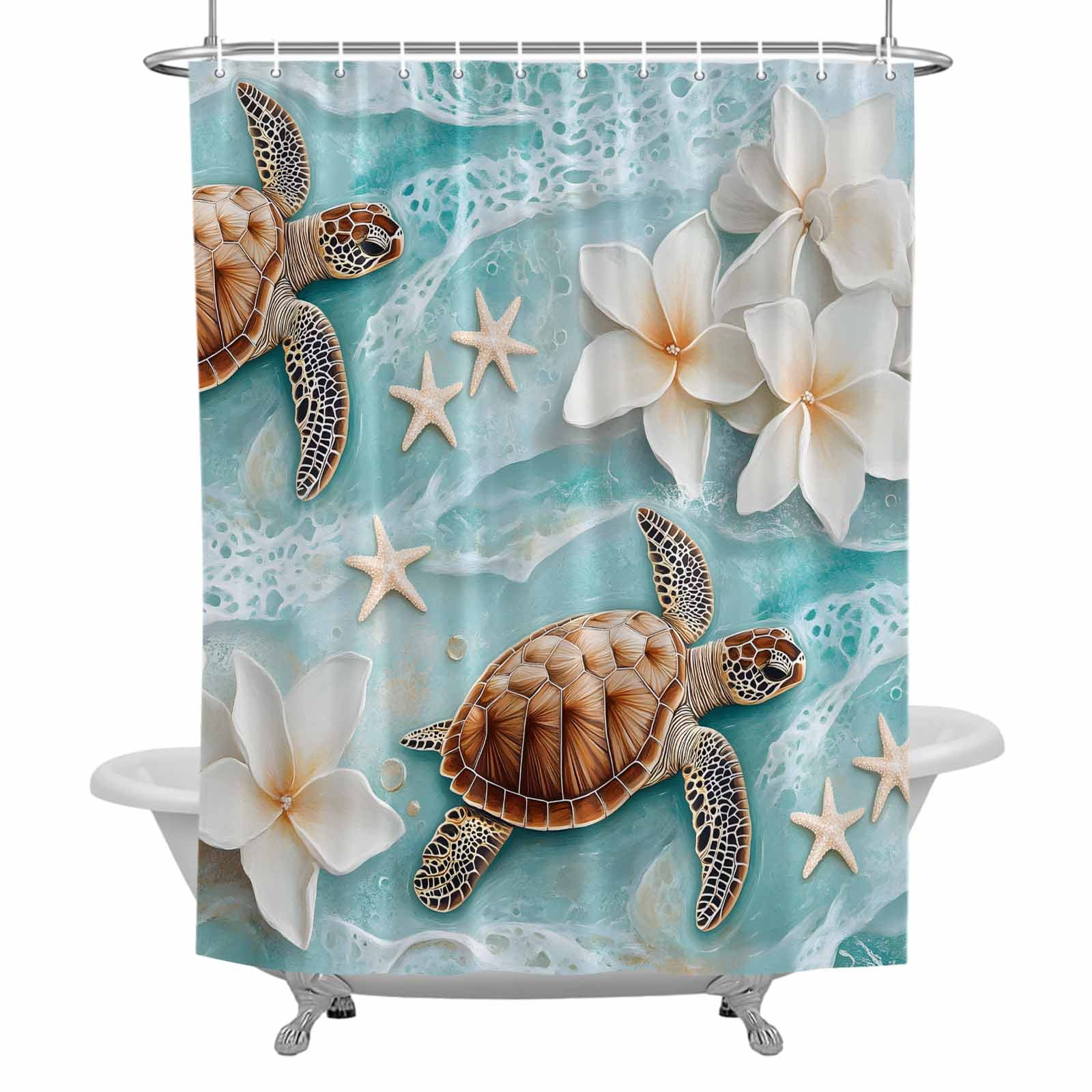 Coastal Sea Turtle Shower Curtain for Bathroom, Beach Ocean White ...