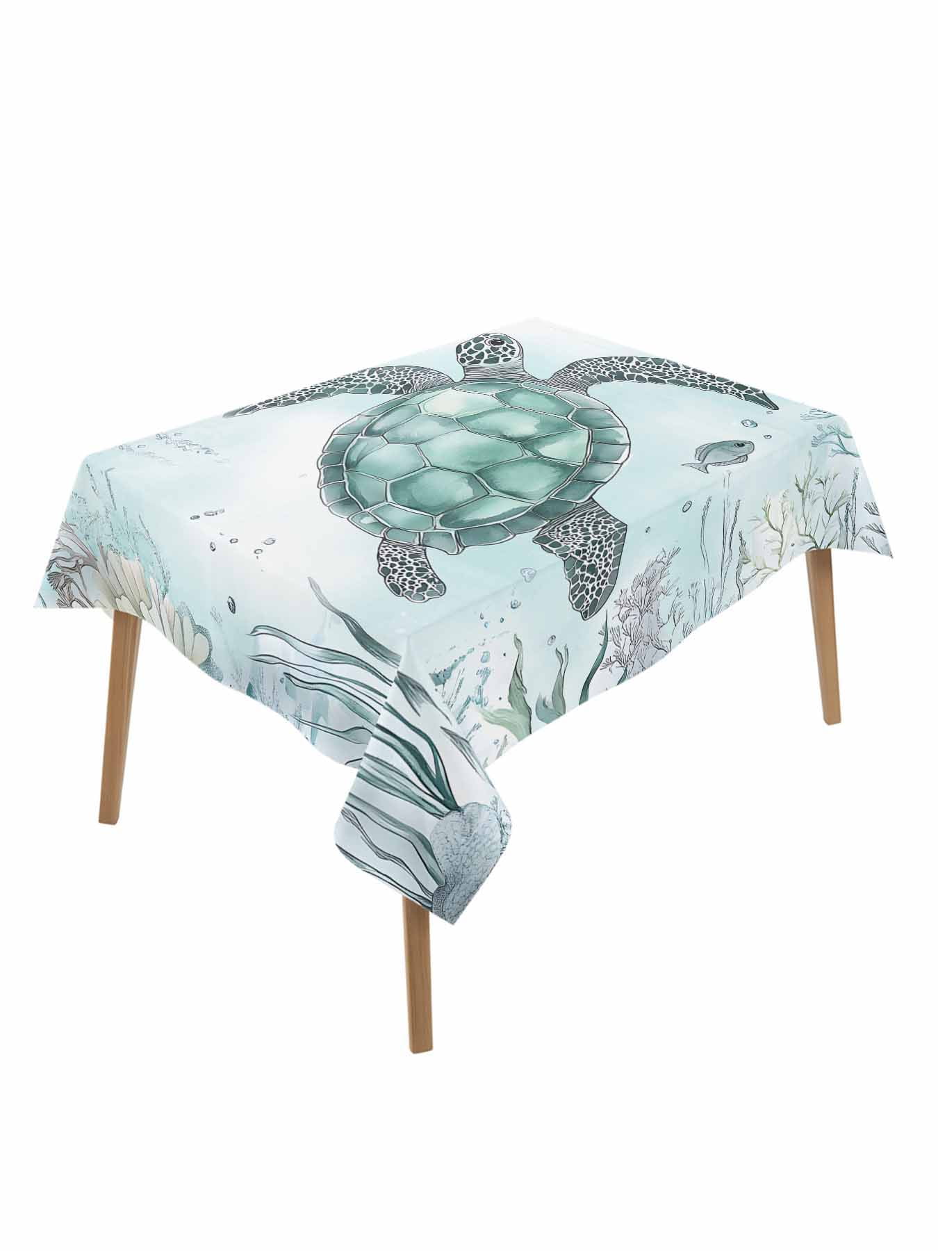 Coastal Sea Turtle Table Cloth, Nautical Marine Jellyfish Coral ...
