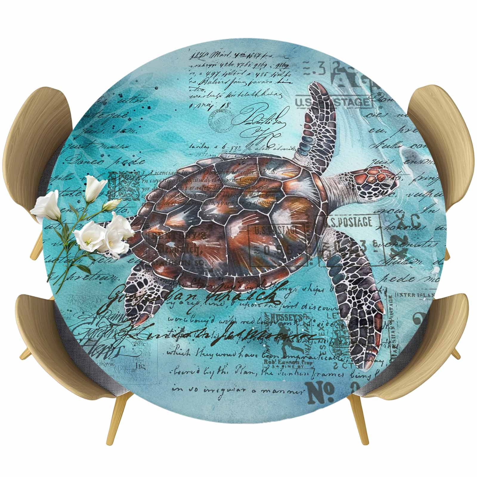 Coastal Sea Turtle Table Cloth, Round Fitted Tablecloths with Elastic ...