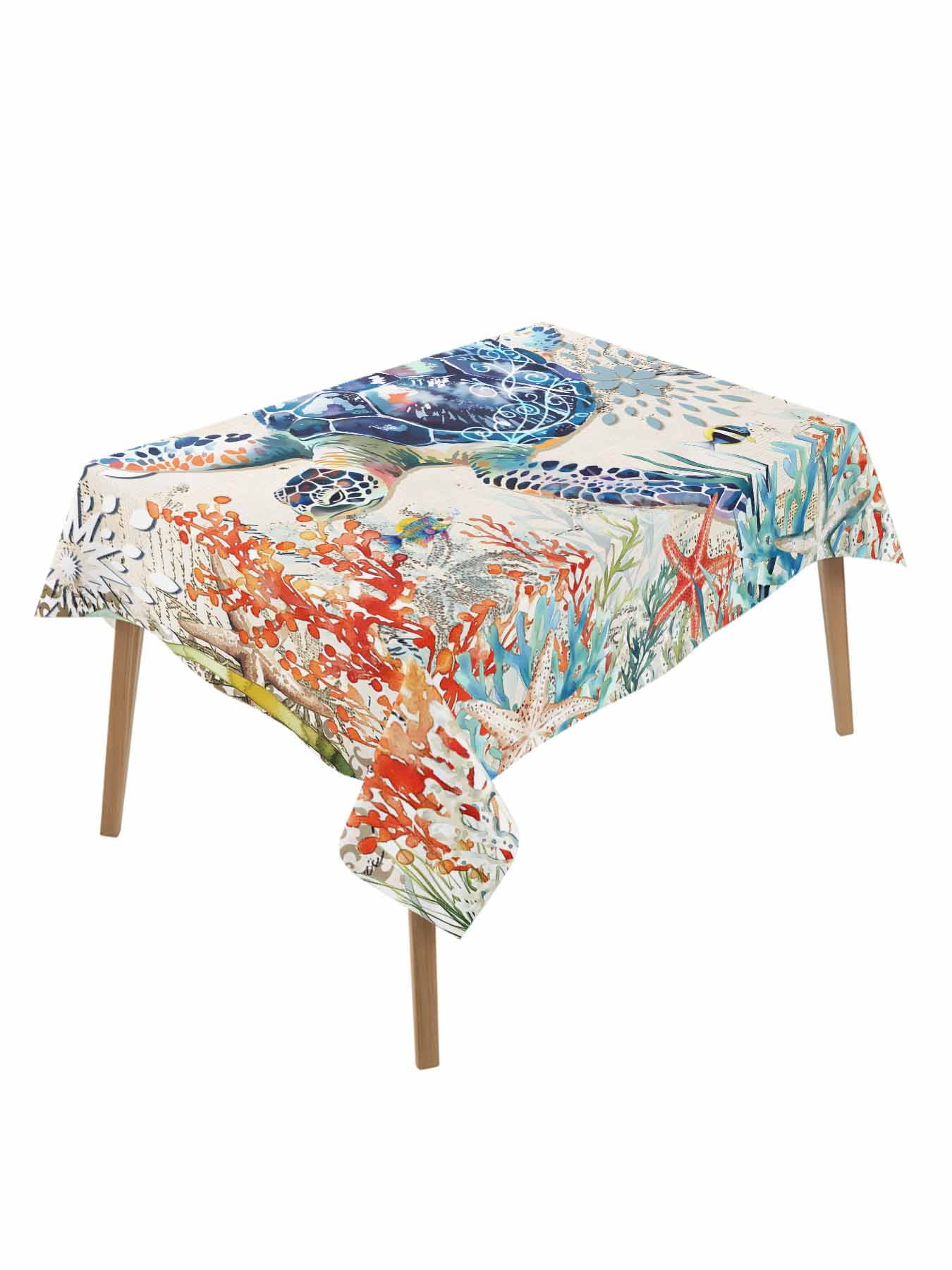 Coastal Sea Turtle Table Cloth, Rustic Vintage Nautical Starfish Coral ...