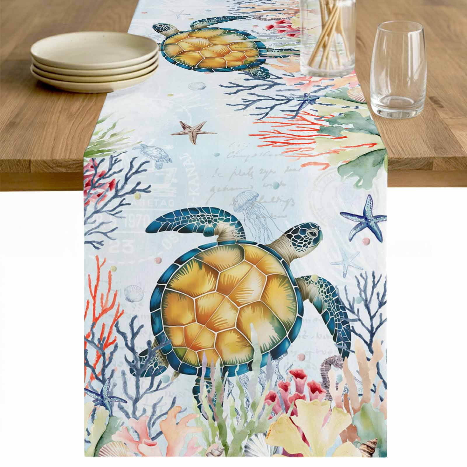 Coastal Sea Turtle Table Runner - 70 Inch Long Marine Coral Jellyfish ...